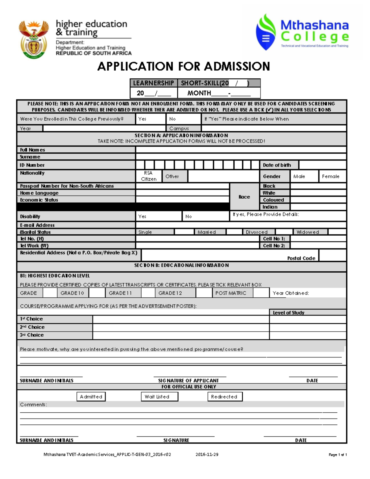 Application FOR Learnership AND Skills Programme FORM ( August 2023 ...
