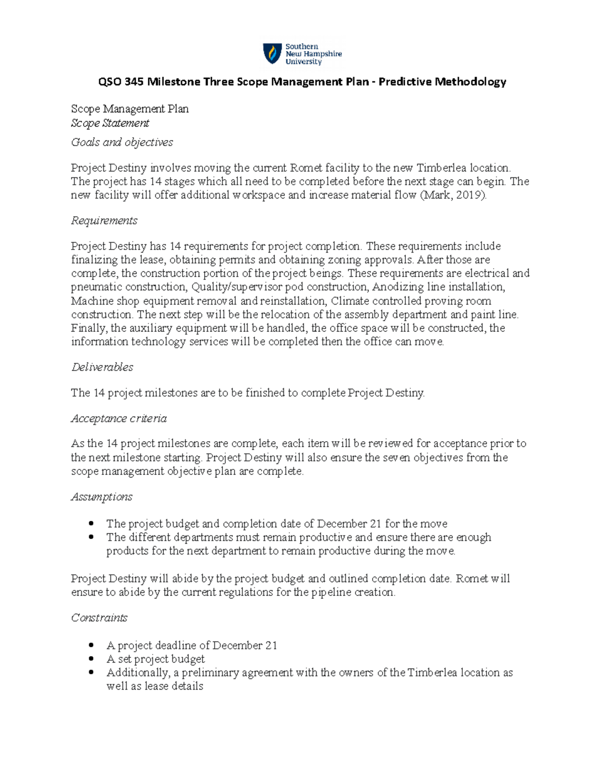 QSO 345 Milestone Three Scope Mgmt Plan - Predictive Methodology - Studocu