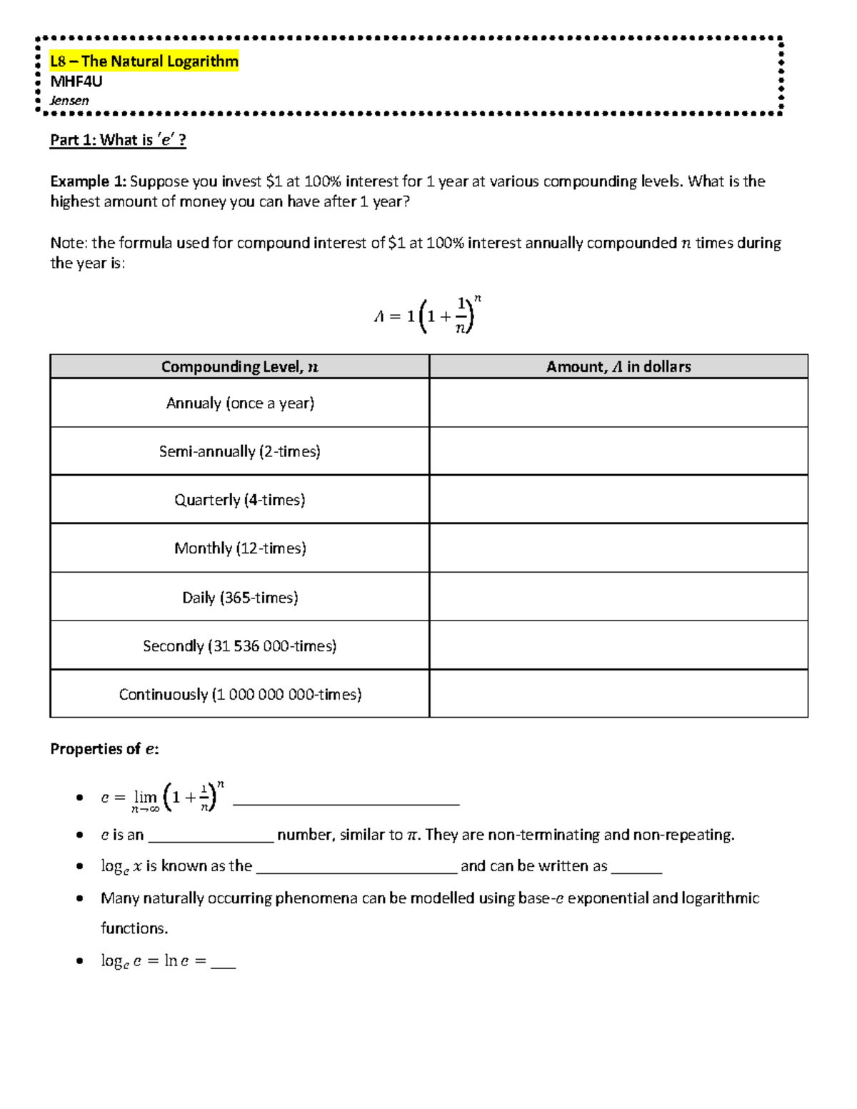 L8 MHF4U Natural Logarithm & Compound Interest Concepts - Studeersnel