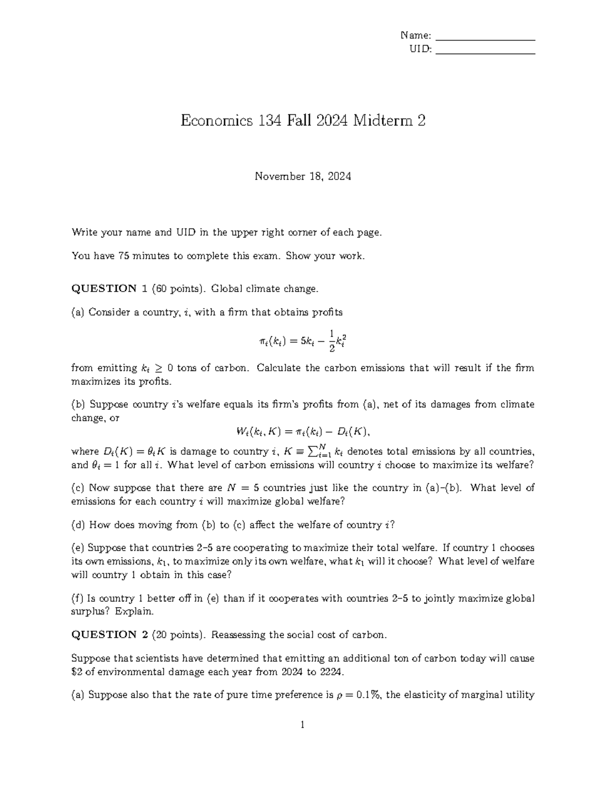 Econ 134 F24 Midterm 2 Exam: Global Climate Change & Welfare Analysis ...