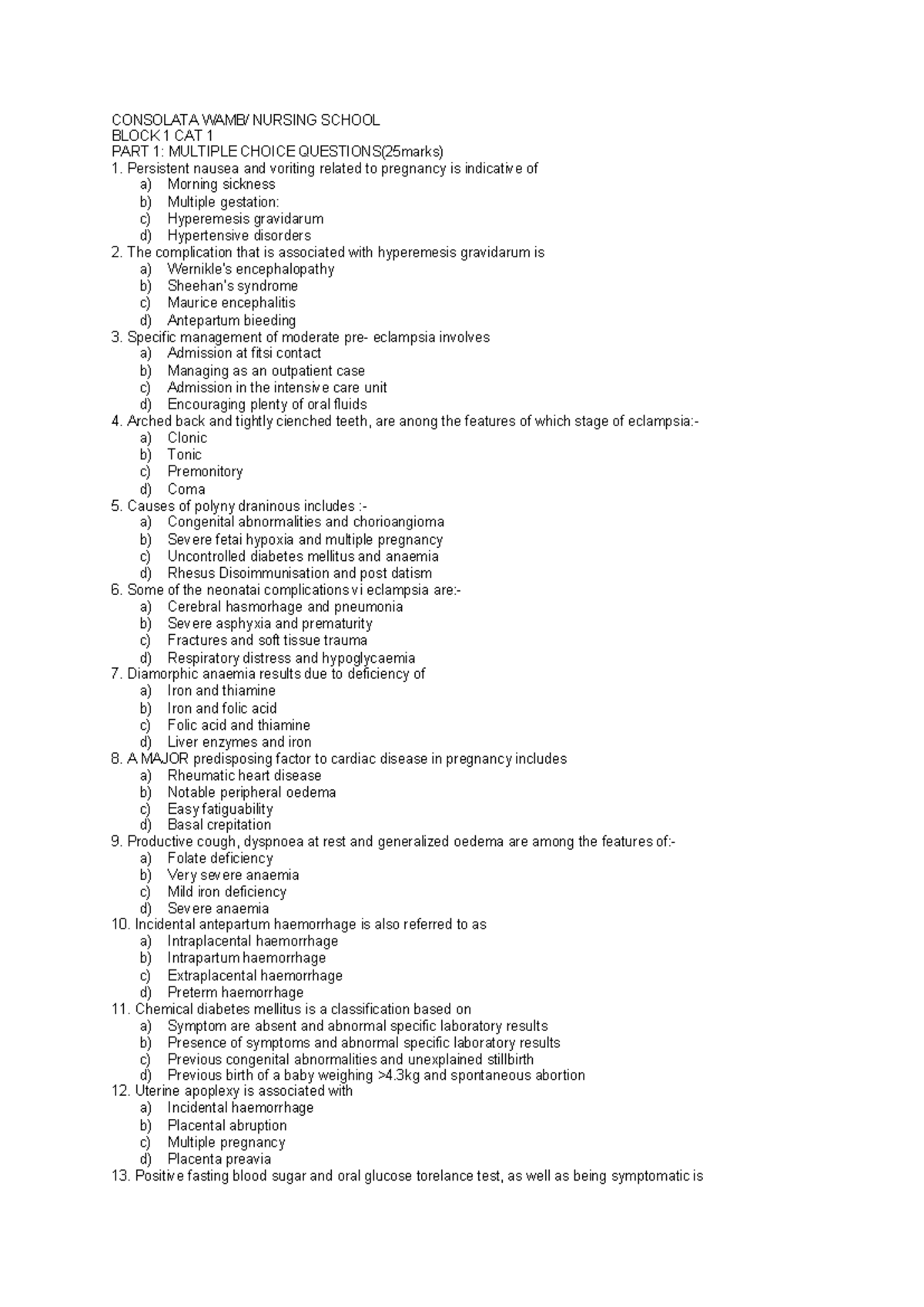 Midwifery - Block 1 CAT 1: Multiple Choice Questions on Placenta - Studocu