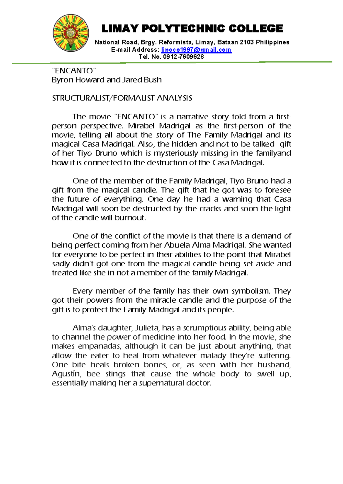Analysis OF Encanto - n/a - LIMAY POLYTECHNIC COLLEGE National Road ...