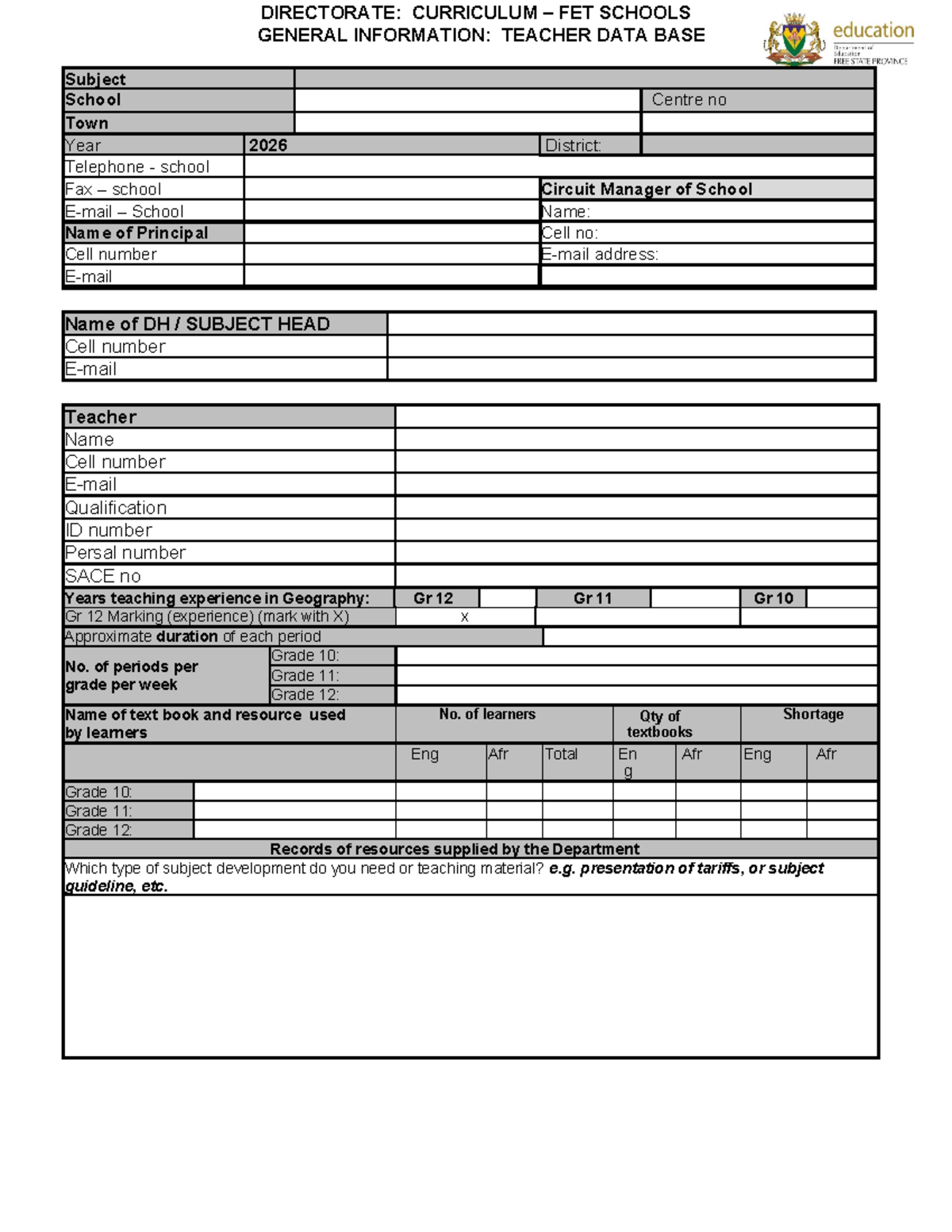 Geography Teachers' Profile Form 26: FET Schools Data Overview - Studocu