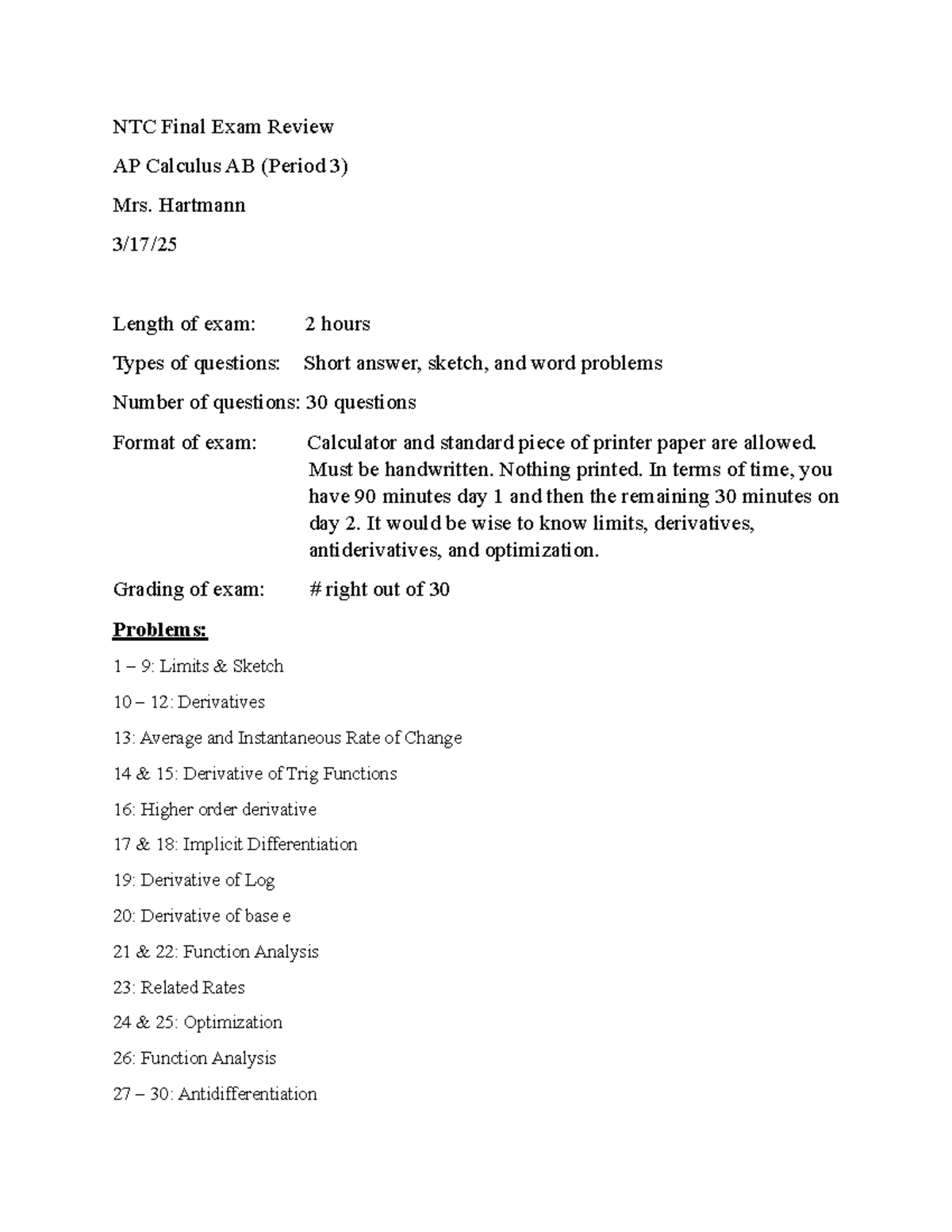 NTC AP Calculus AB Final Exam Review (Period 3) - Key Topics & Tips ...