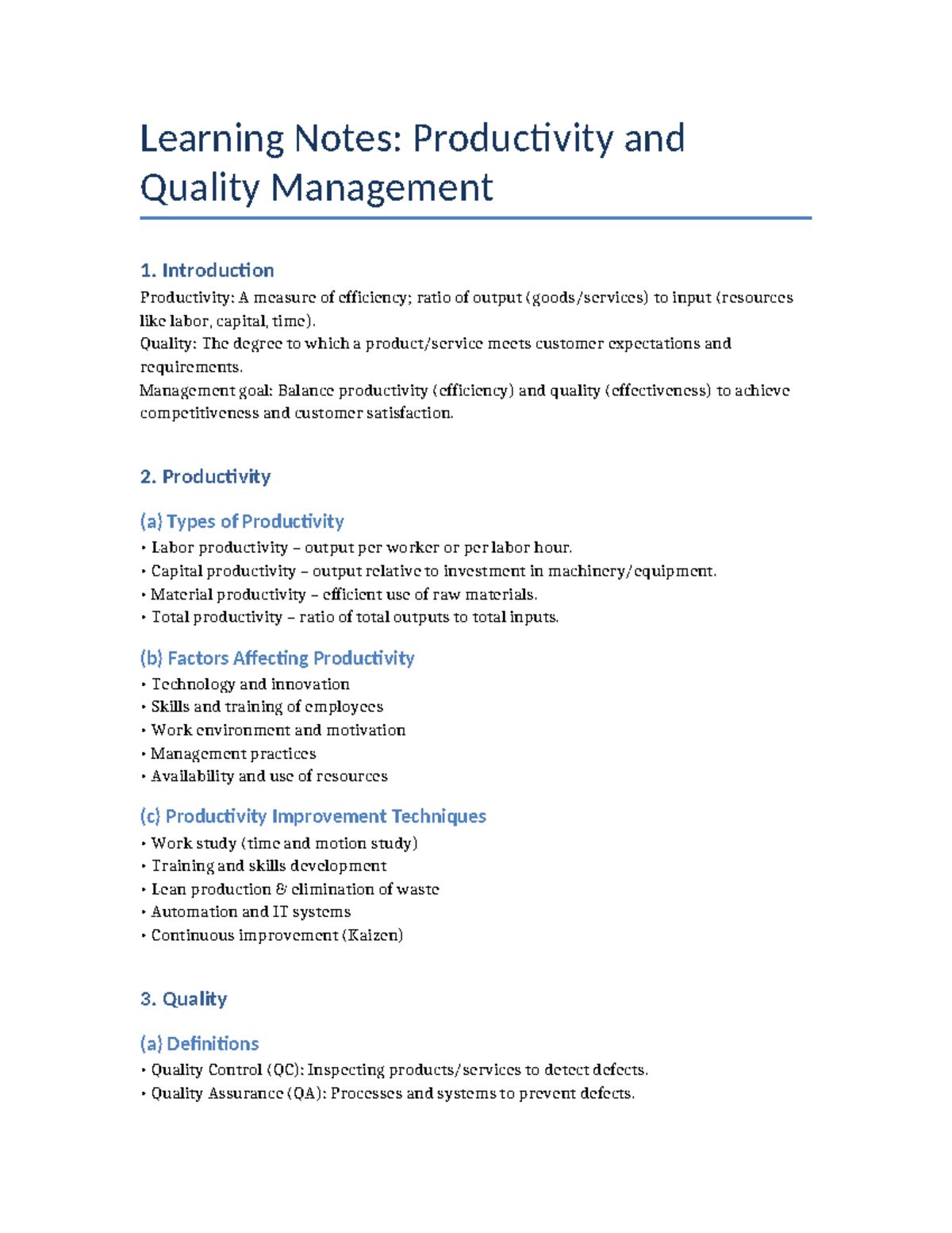 Productivity and Quality Management Notes: Key Concepts and Techniques ...