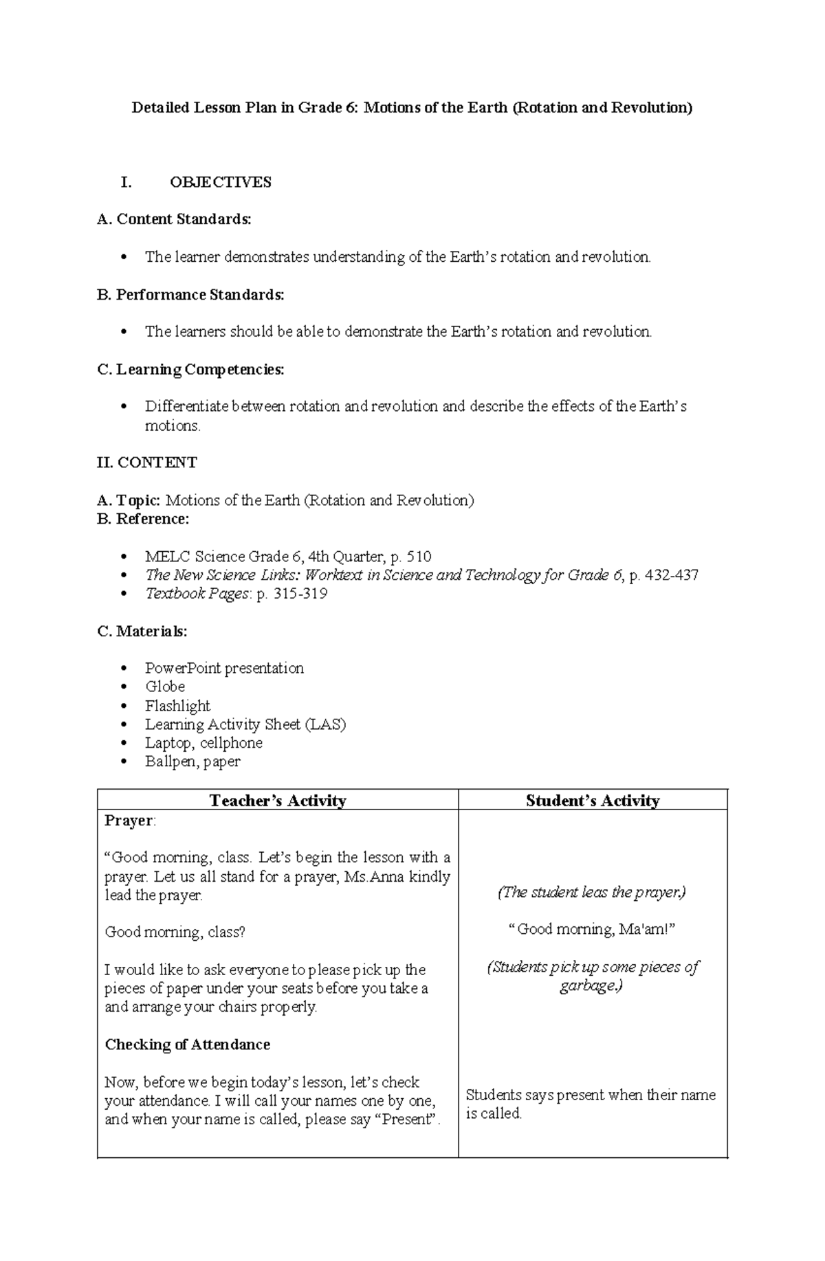 DLP Science 6 - Lesson Plan on Earth's Motions: Rotation & Revolution - Studocu