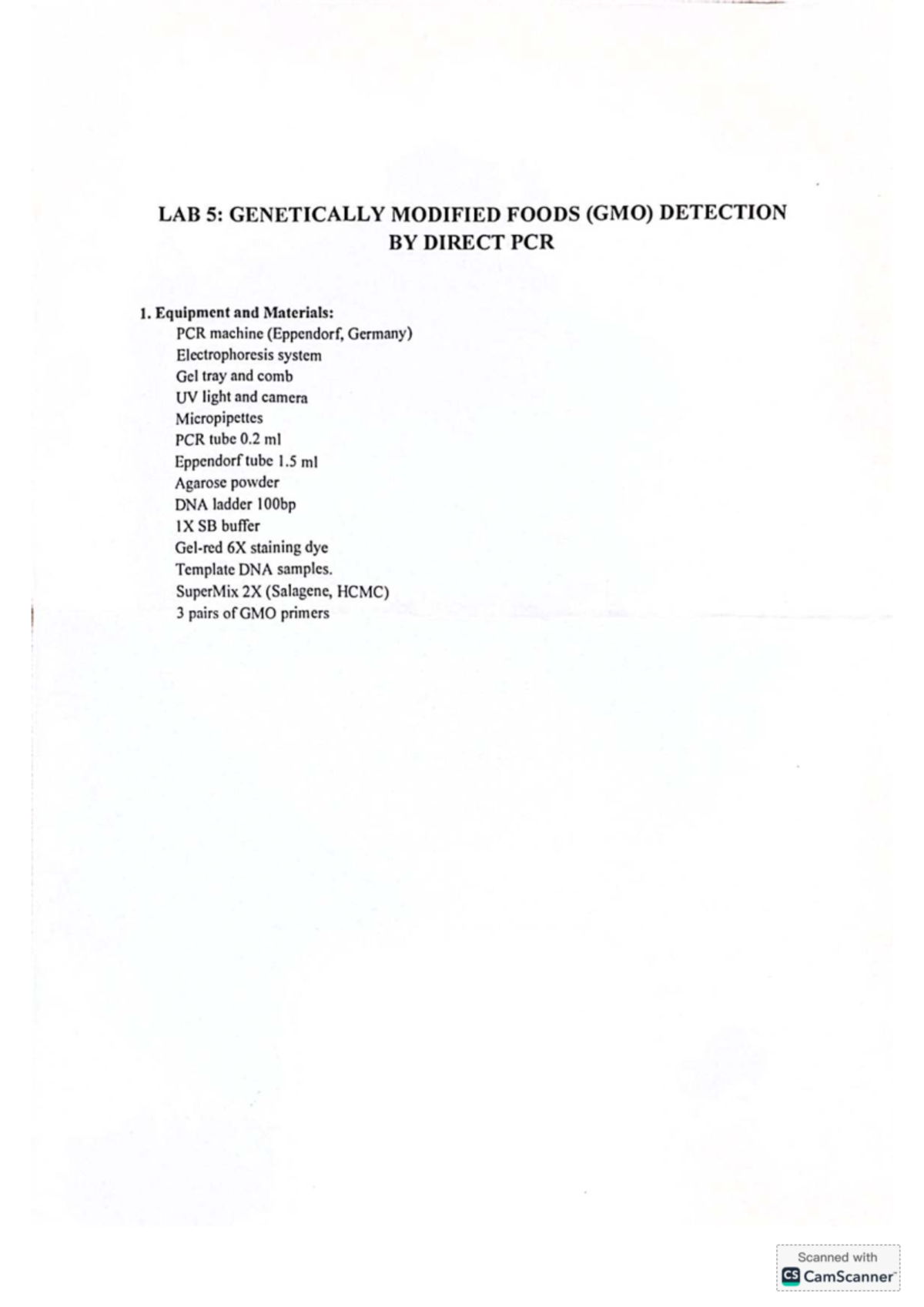 LAB 5: GMO Detection via Direct PCR - Equipment & Materials Guide - Studocu