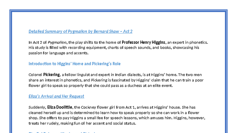Pygmalion by Bernard Shaw – Act 2 Detailed Summary and Insights - Studocu