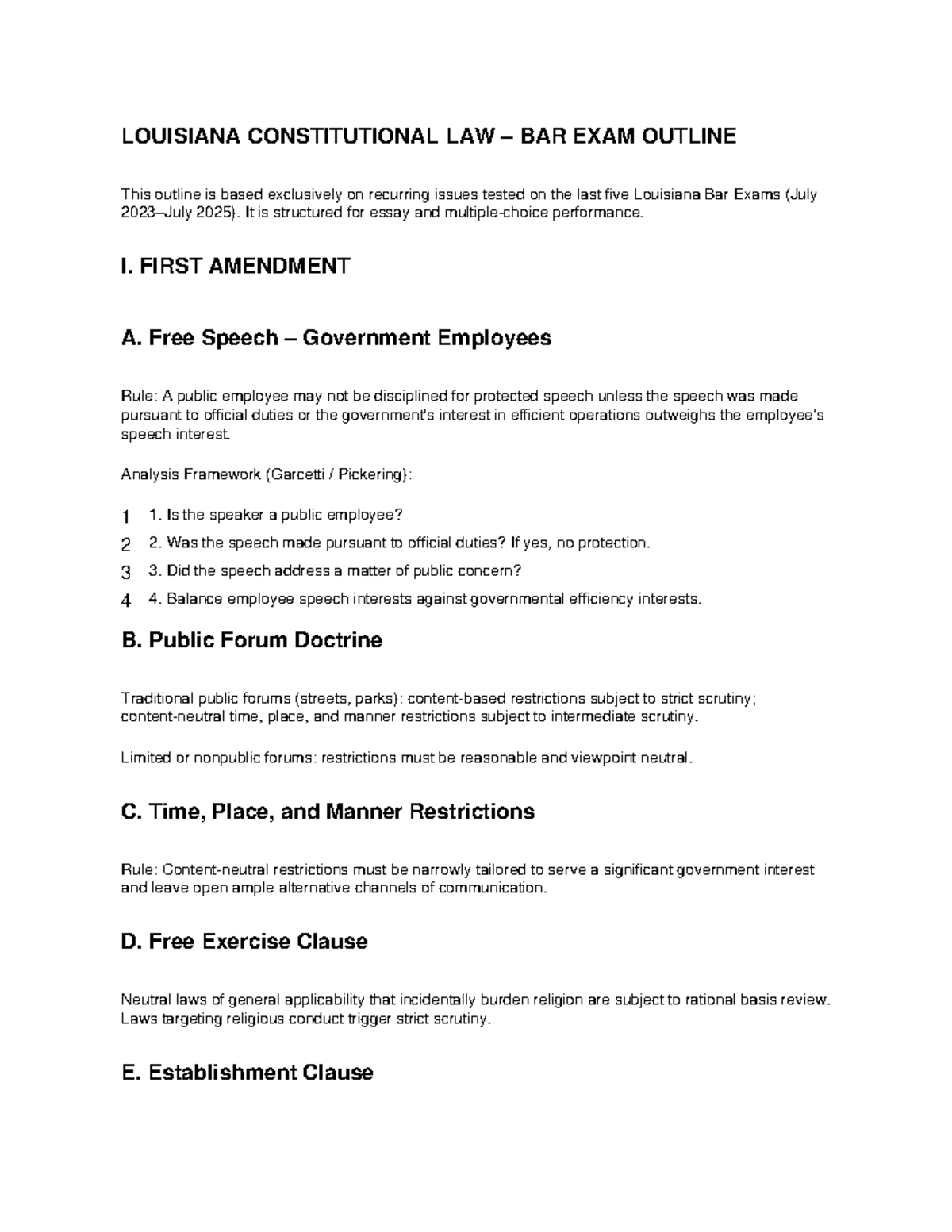 Louisiana Constitutional Law Bar Outline - LOUISIANA CONSTITUTIONAL LAW ...
