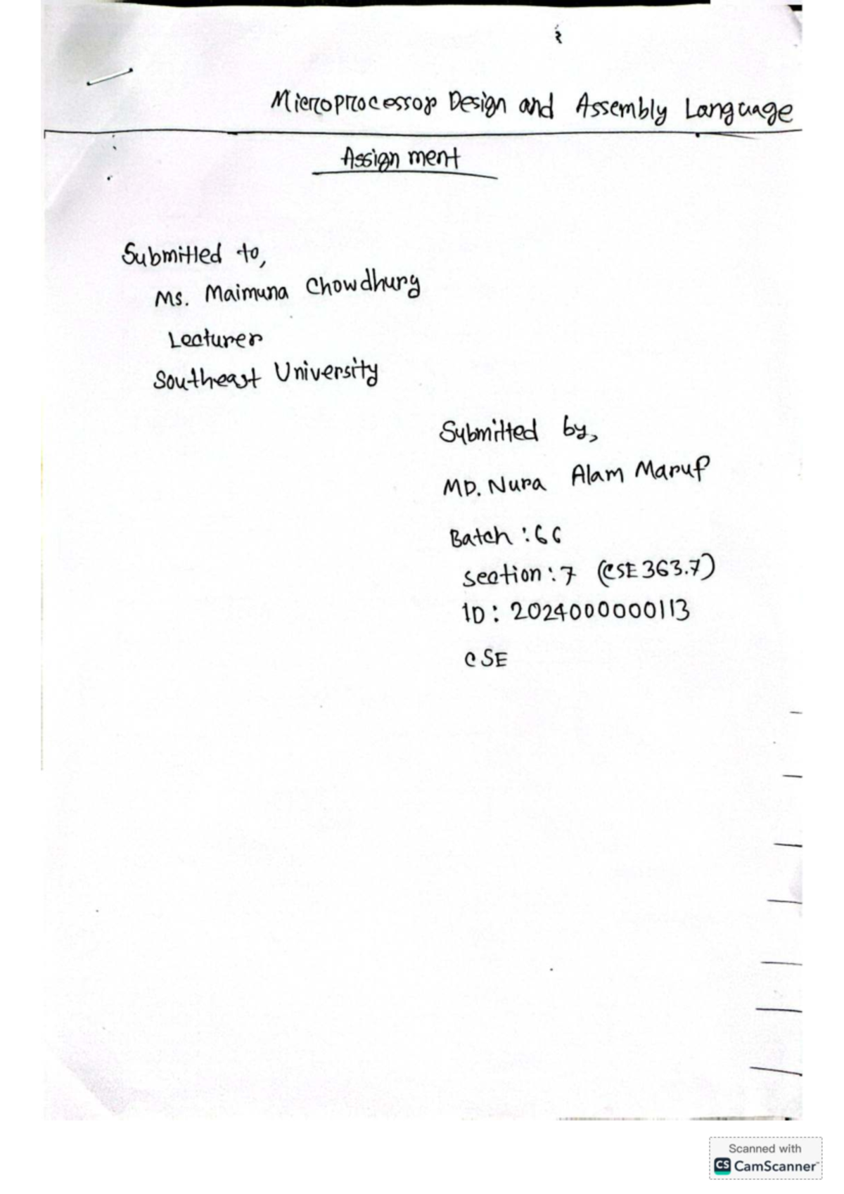 CSE363.7 Microprocessor Design & Assembly Language Assignment - Studocu