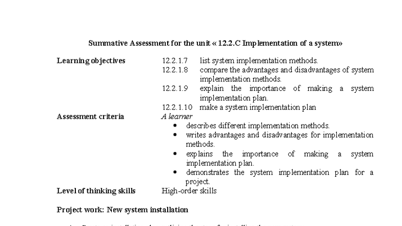SAU 12.2C - Summative Assessment on System Implementation Methods - Studocu