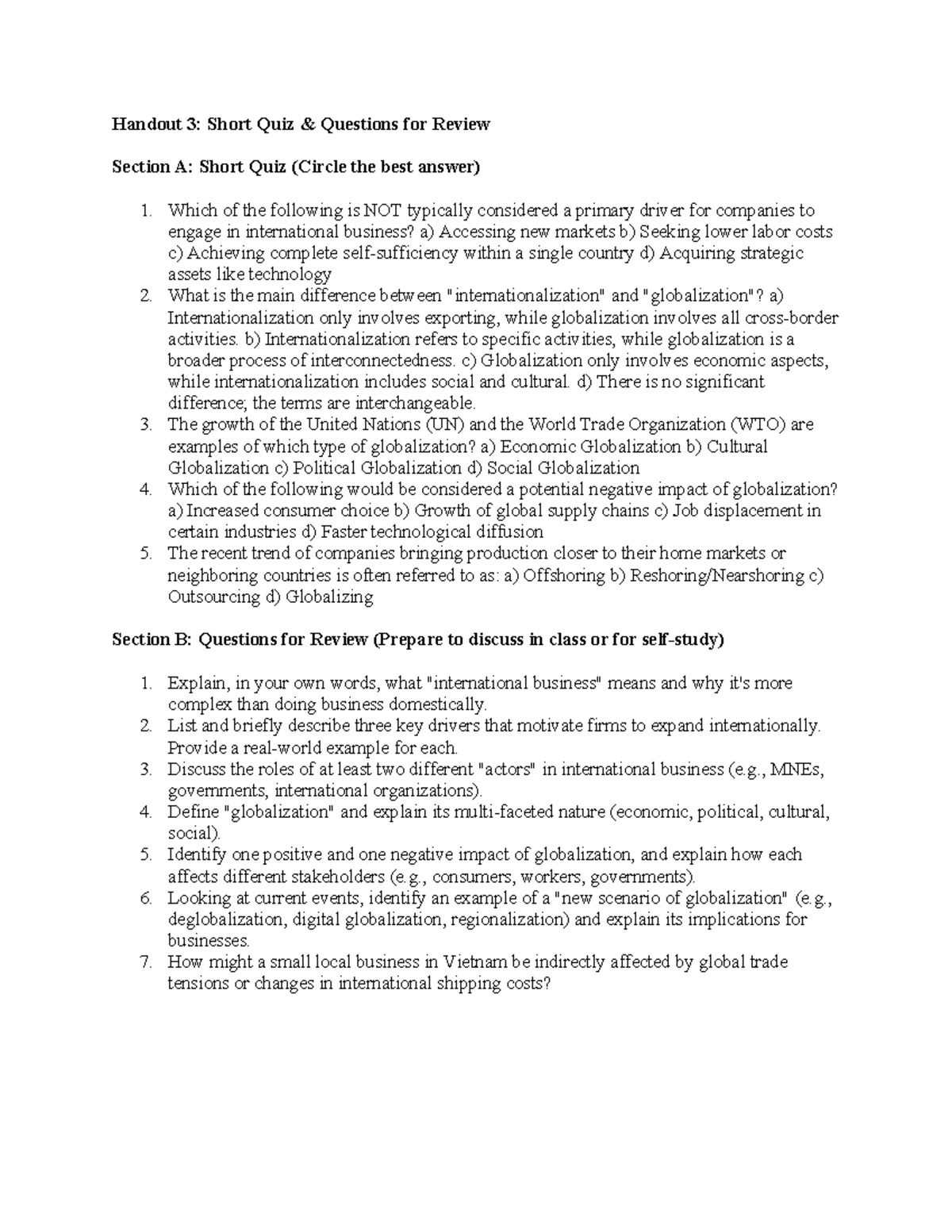 [IBE] Handout 3: Short Quiz & Review Questions on Globalization - Studocu