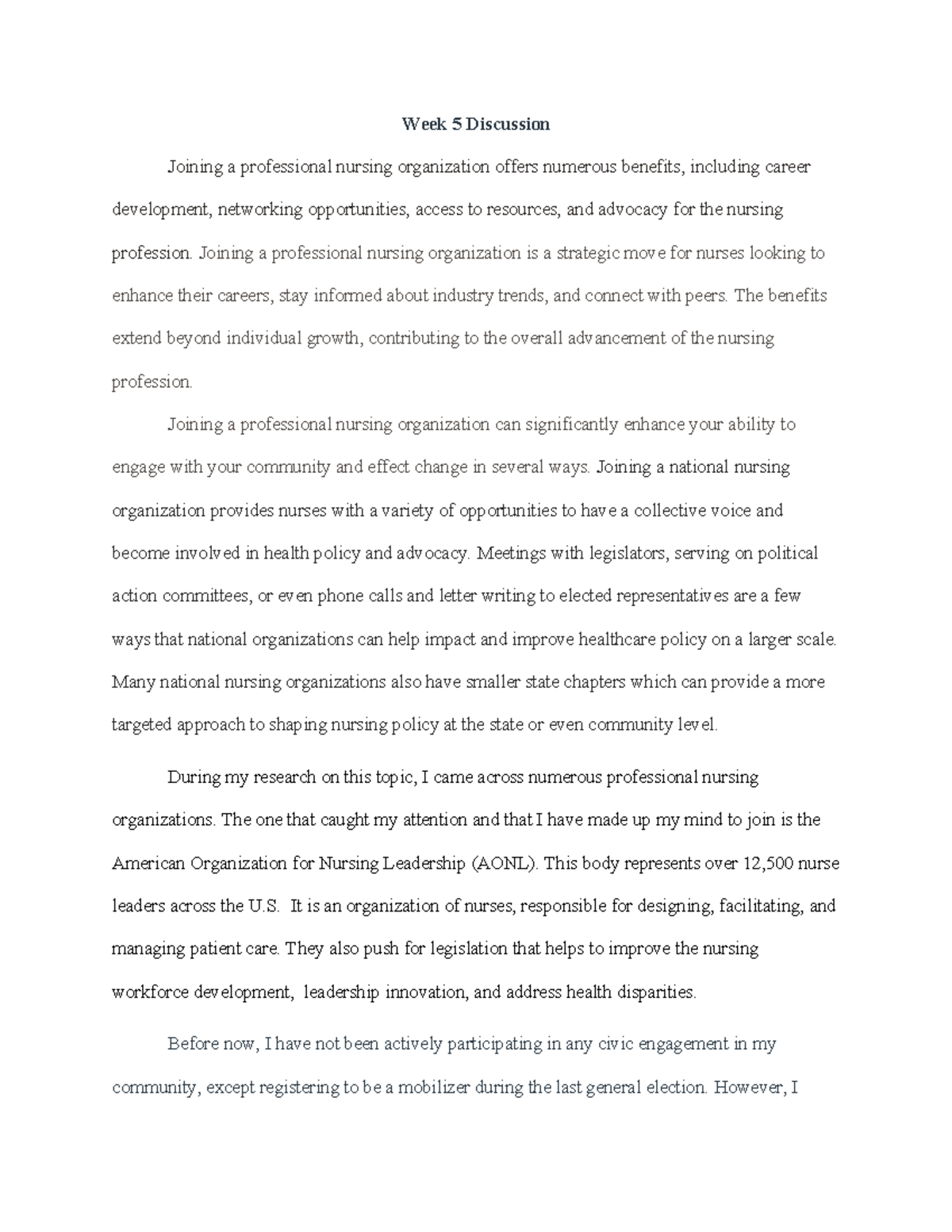 Week 5 Discussion: Benefits of Joining a Nursing Organization - Studocu