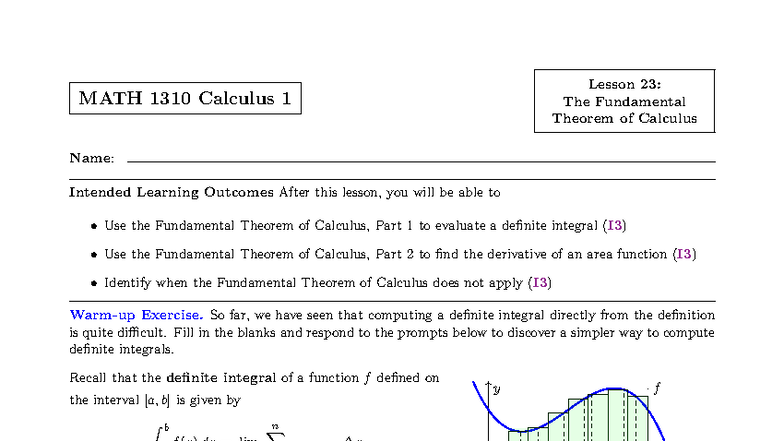 Fundamental Theorem of Calculus - MATH 1310 Lesson 23 Notes - Studocu