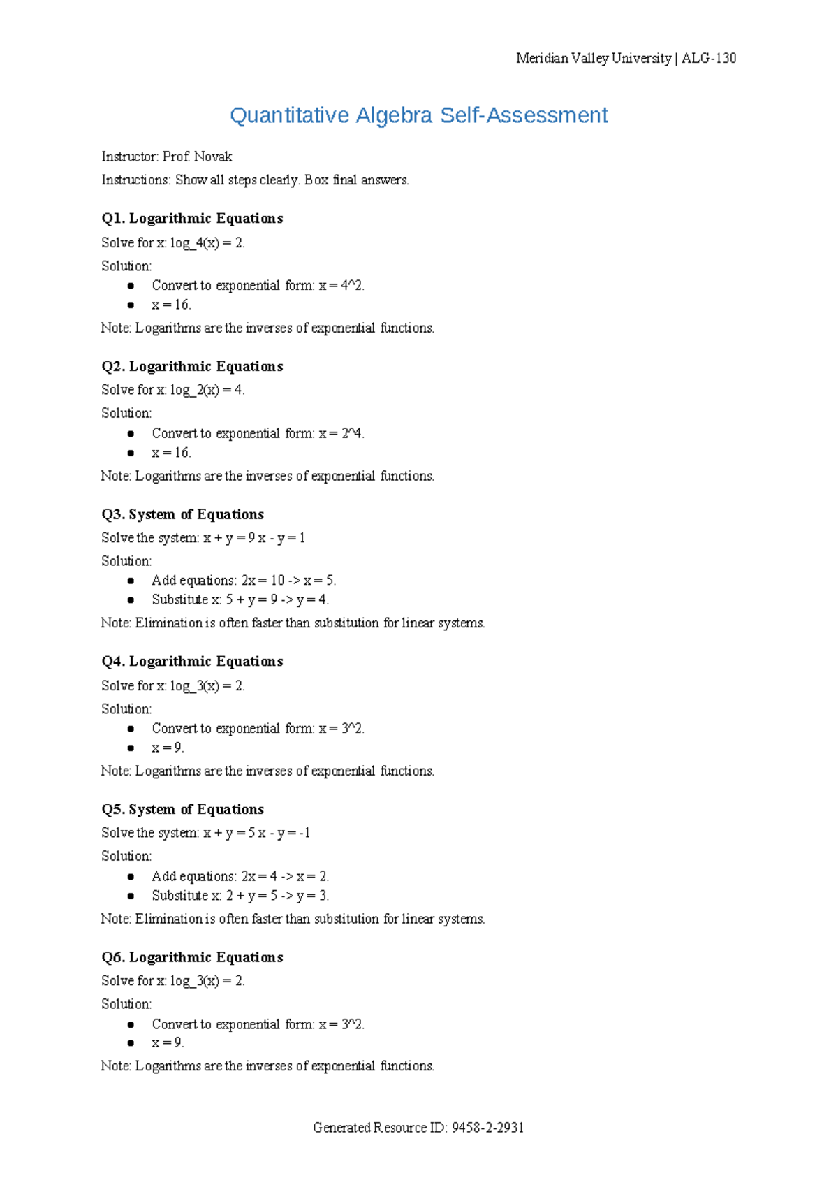 ALG-130 Quantitative Algebra Self-Assessment: Logarithmic Equations ...