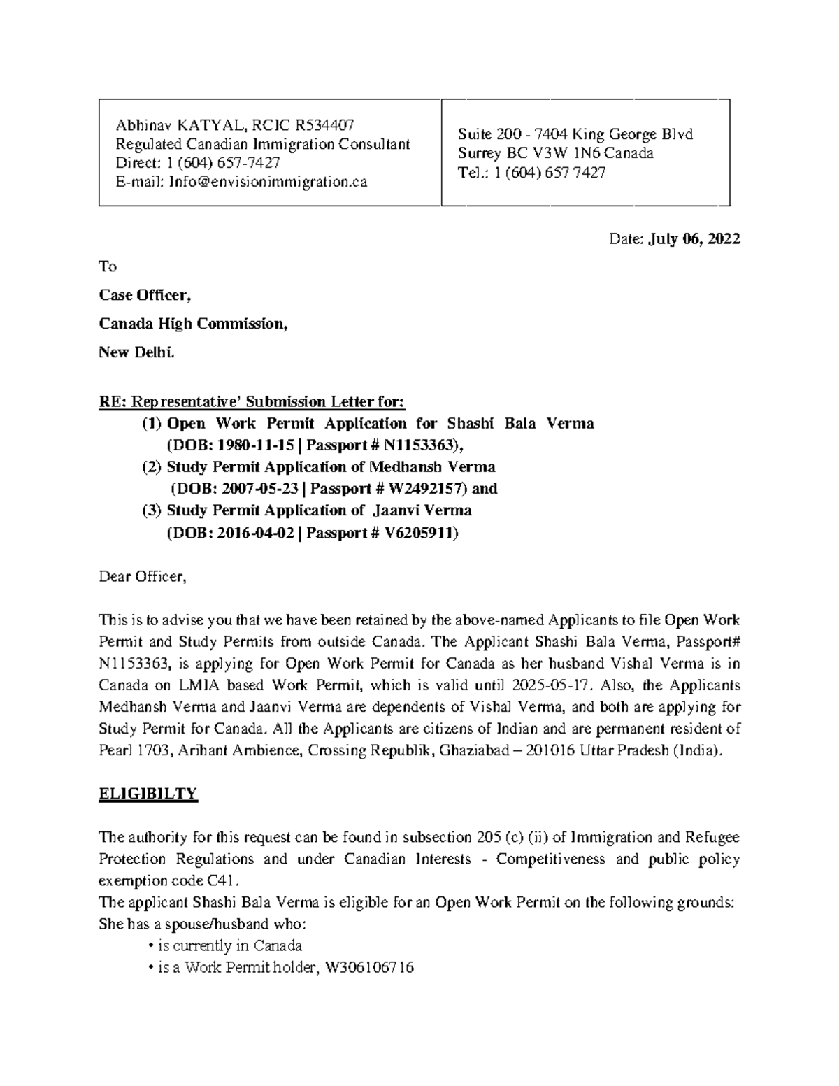 Representative Submission Letter - Final - Abhinav KATYAL, RCIC R ...