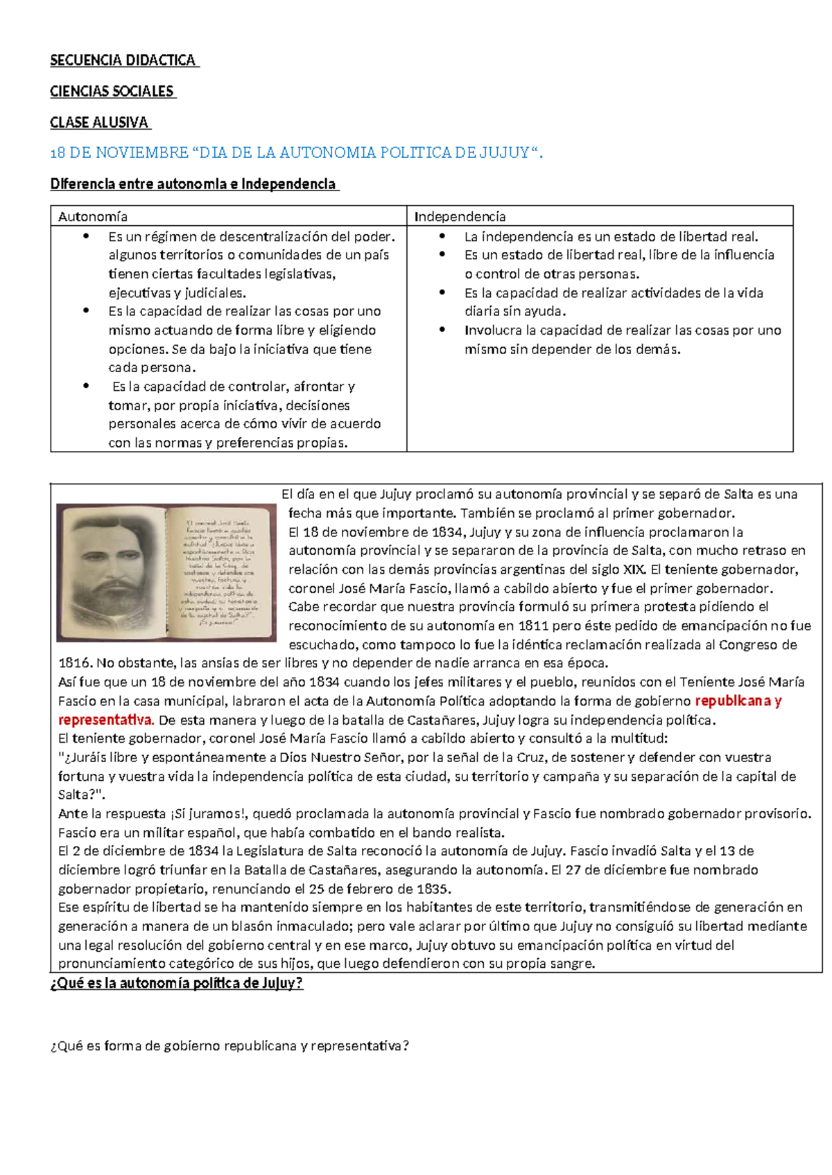 SECUENCIA DIDÁCTICA: AUTONOMÍA POLÍTICA DE JUJUY - 18 NOV. - Studocu