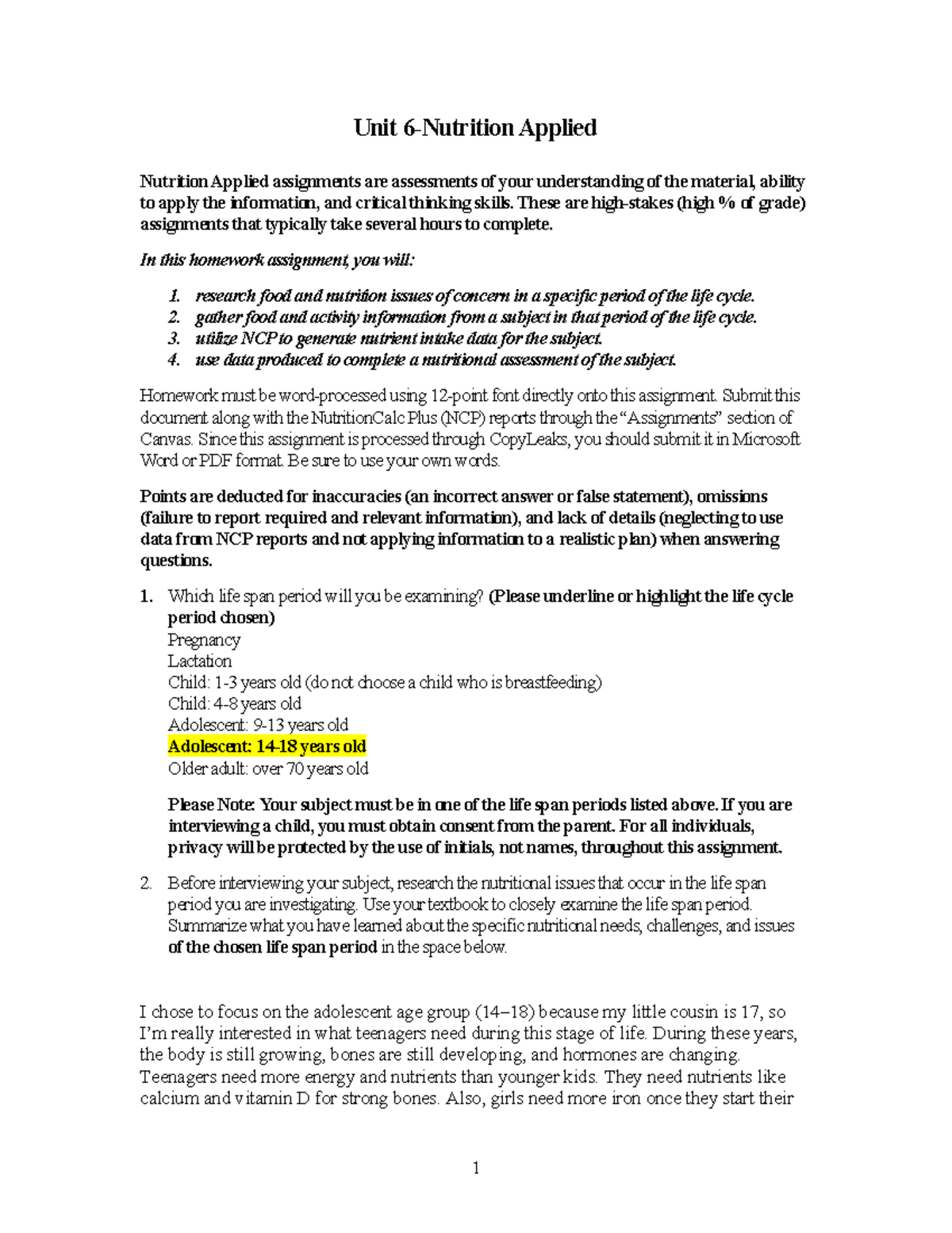 Unit 111NA6: Applied Nutrition Assignment on Adolescent Dietary Needs ...