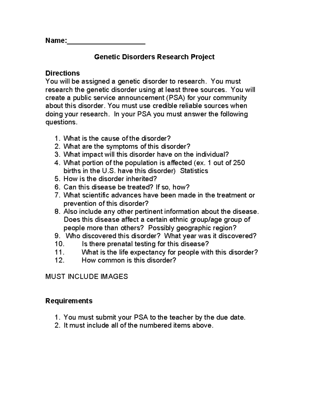 Genetic Disorders PSA Project Guidelines: Research & Presentation - Studocu