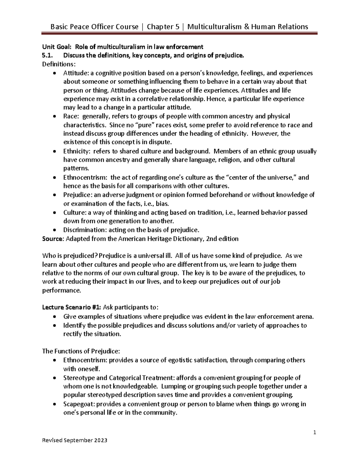 Basic Peace Officer Course: Chapter 5 - Understanding Multiculturalism & Prejudice - Studocu