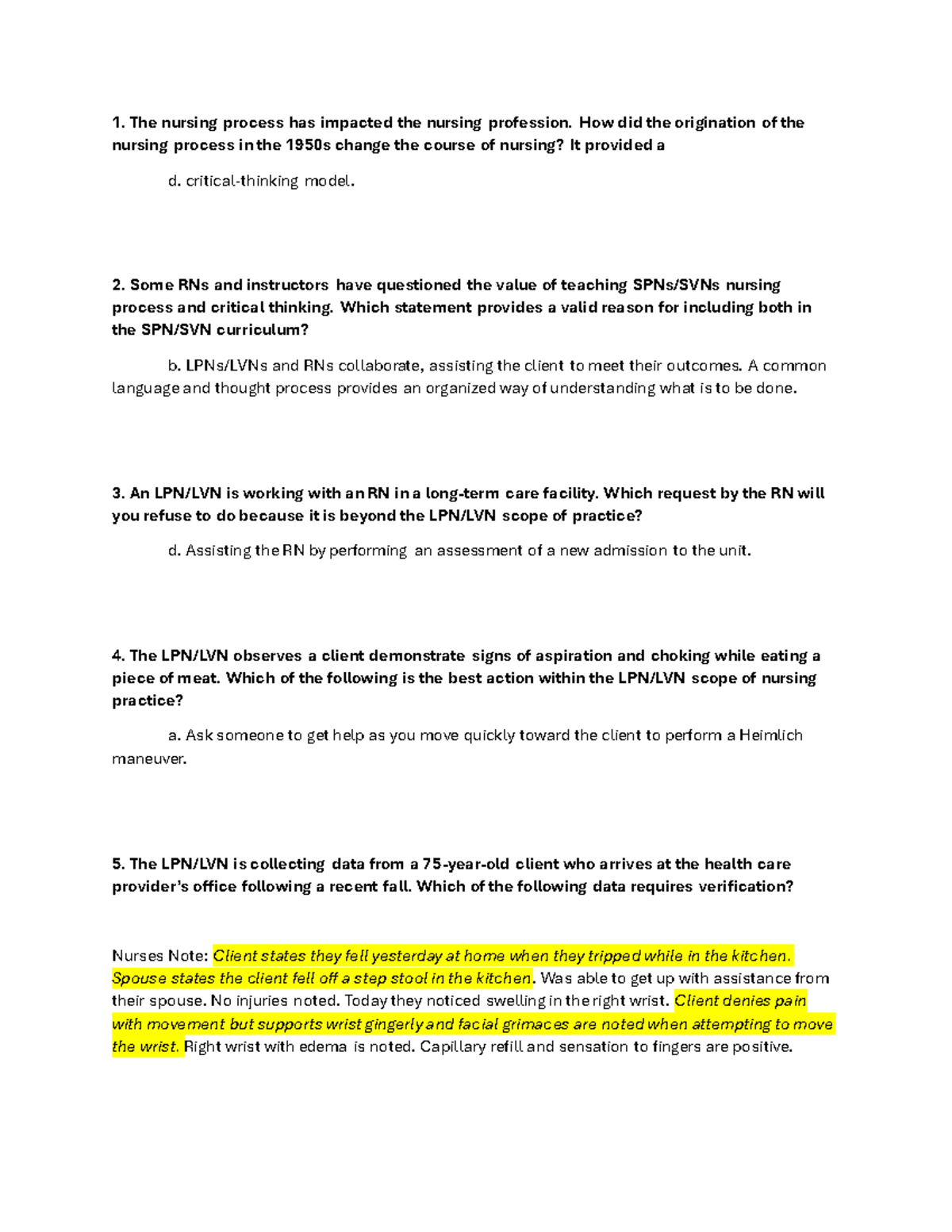 U3 LPN Pg. 175 - Essential Practice Questions for Nursing Process - Studocu