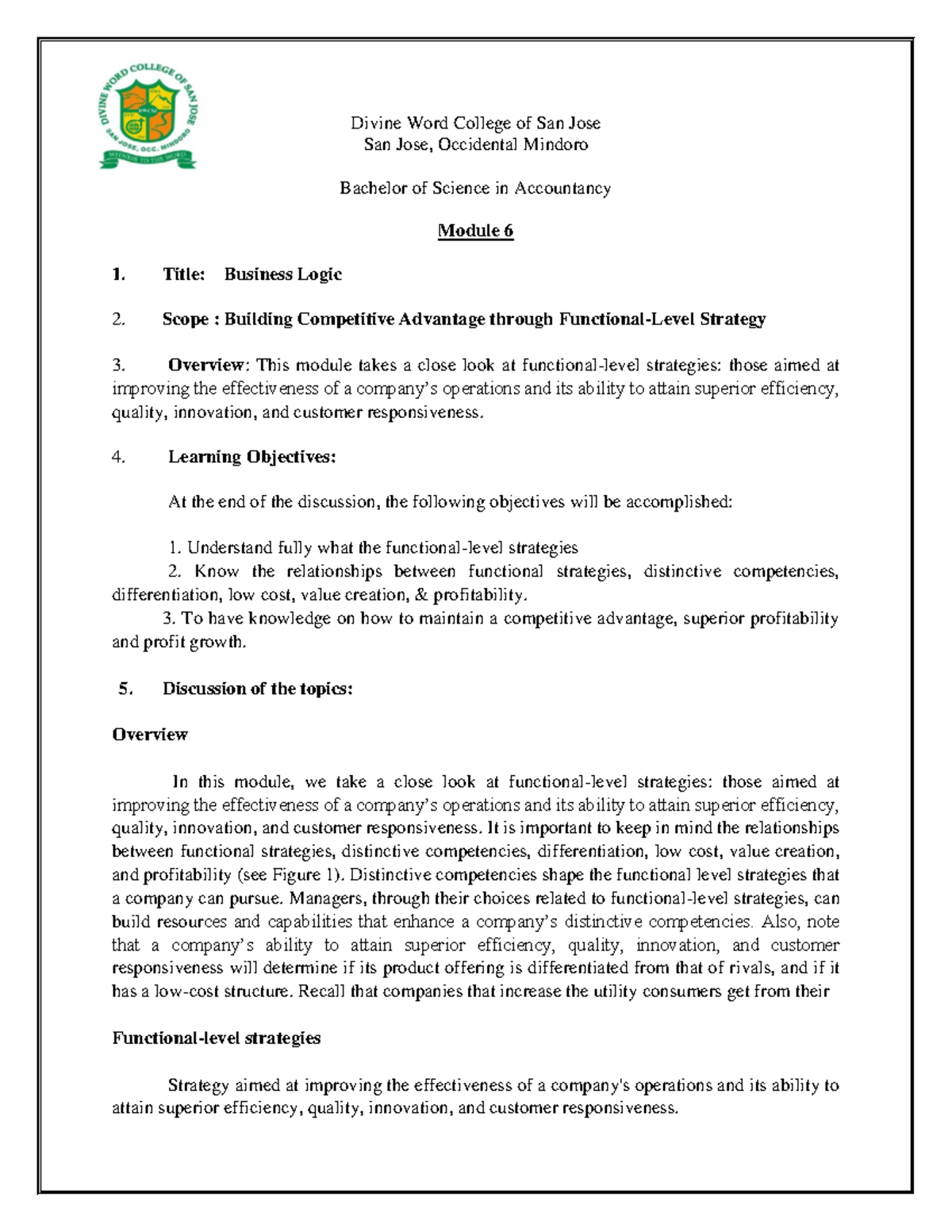 Business logic m6 - Divine Word College of San Jose San Jose, Occidental Mindoro Bachelor of ...