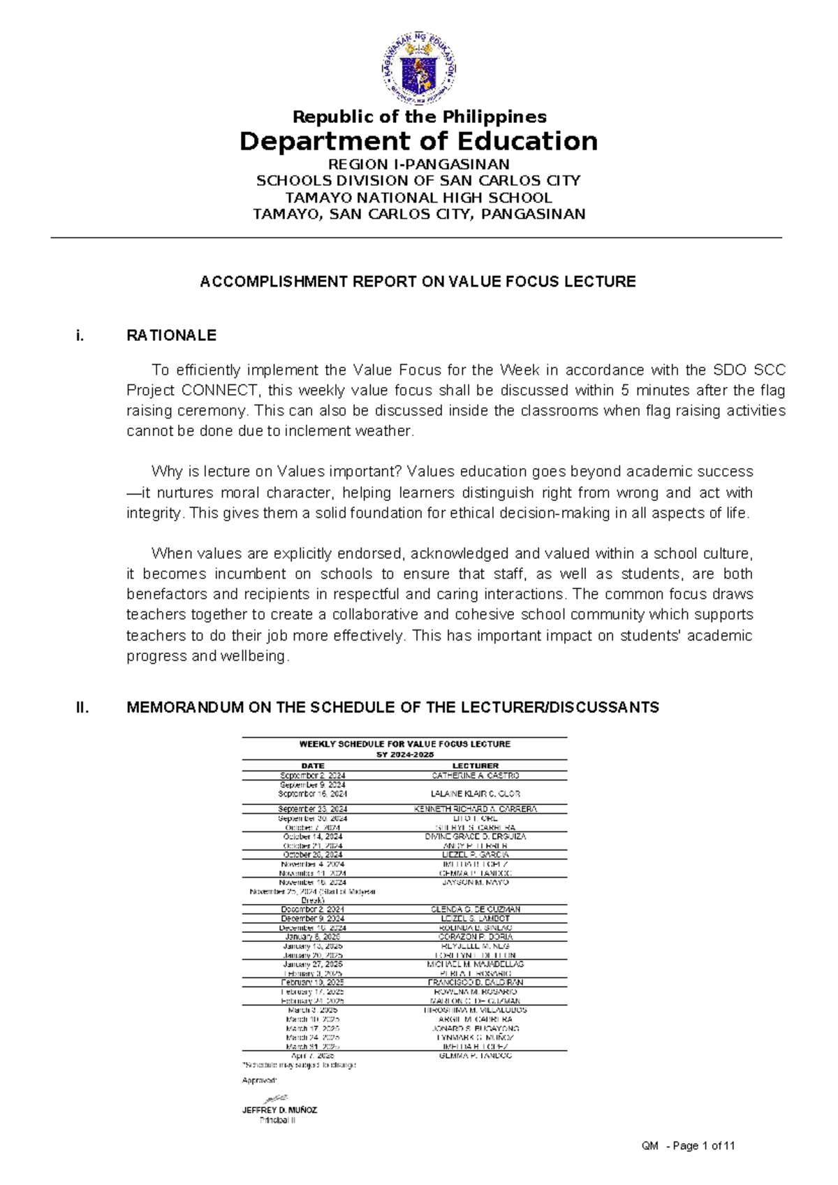 Accomplishment Report on Value Focus Lecture - Tamayo NHS - Studocu