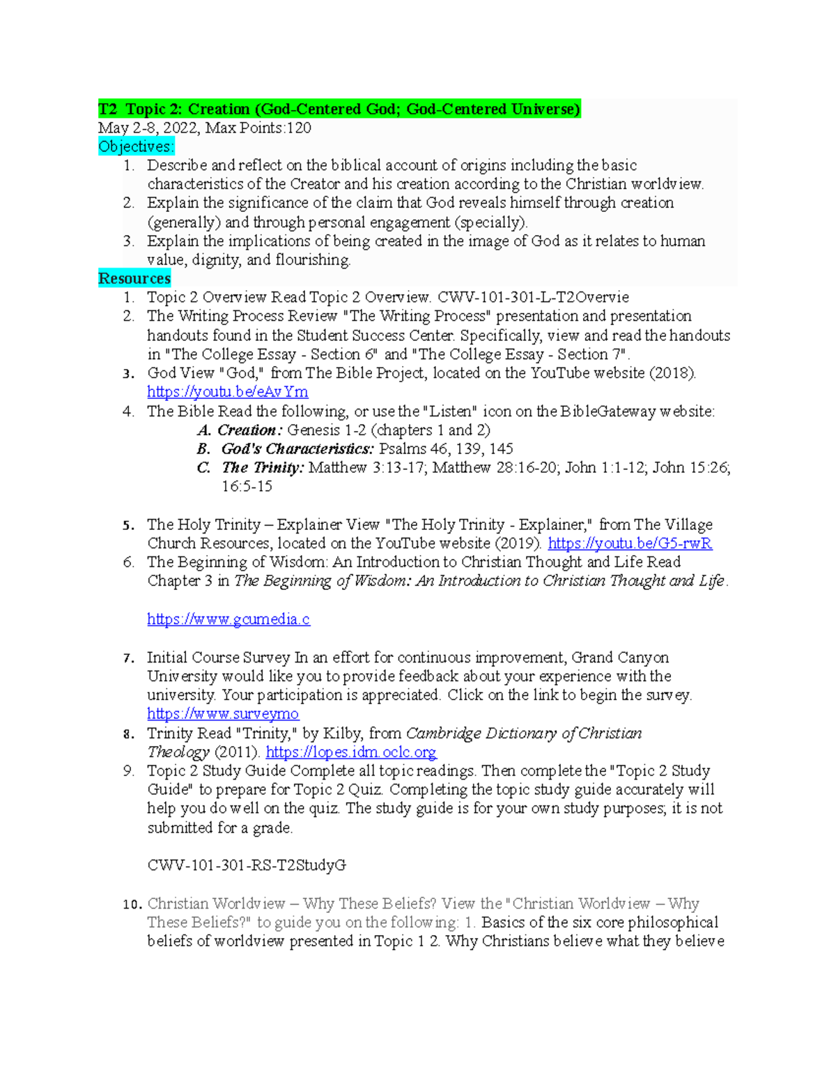 CWV-101-301 Topic 2 Study Guide: Creation from a Christian Perspective ...