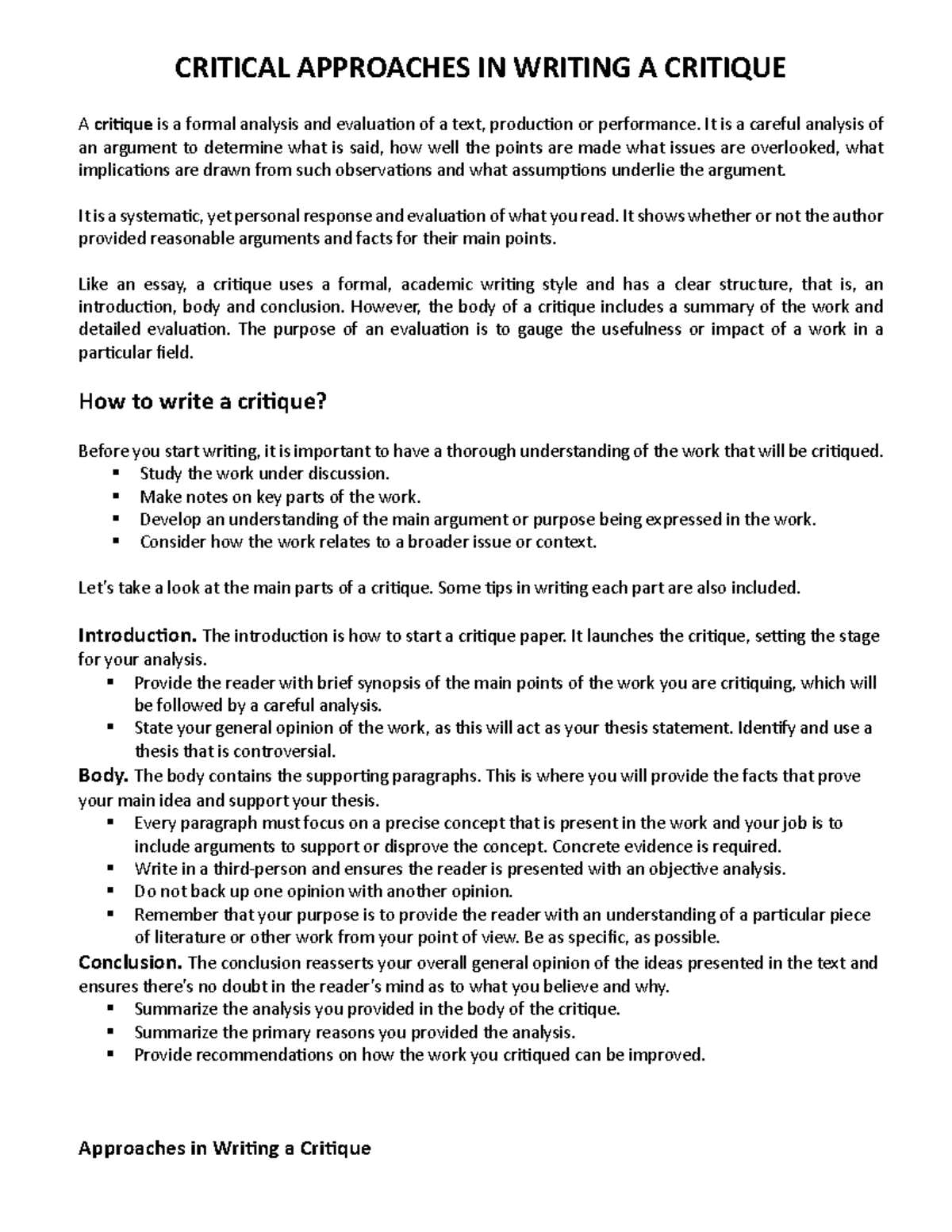 CRITICAL APPROACHES TO WRITING A CRITIQUE: A GUIDE - Studocu