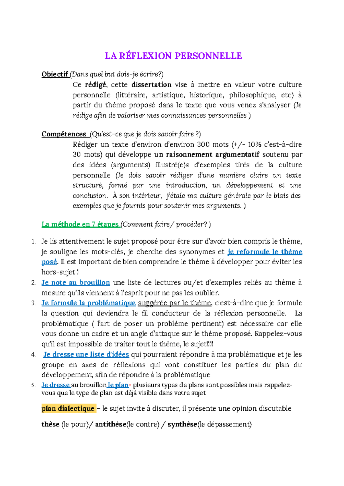Méthode de la Réflexion Personnelle - Guide Complet - Studocu