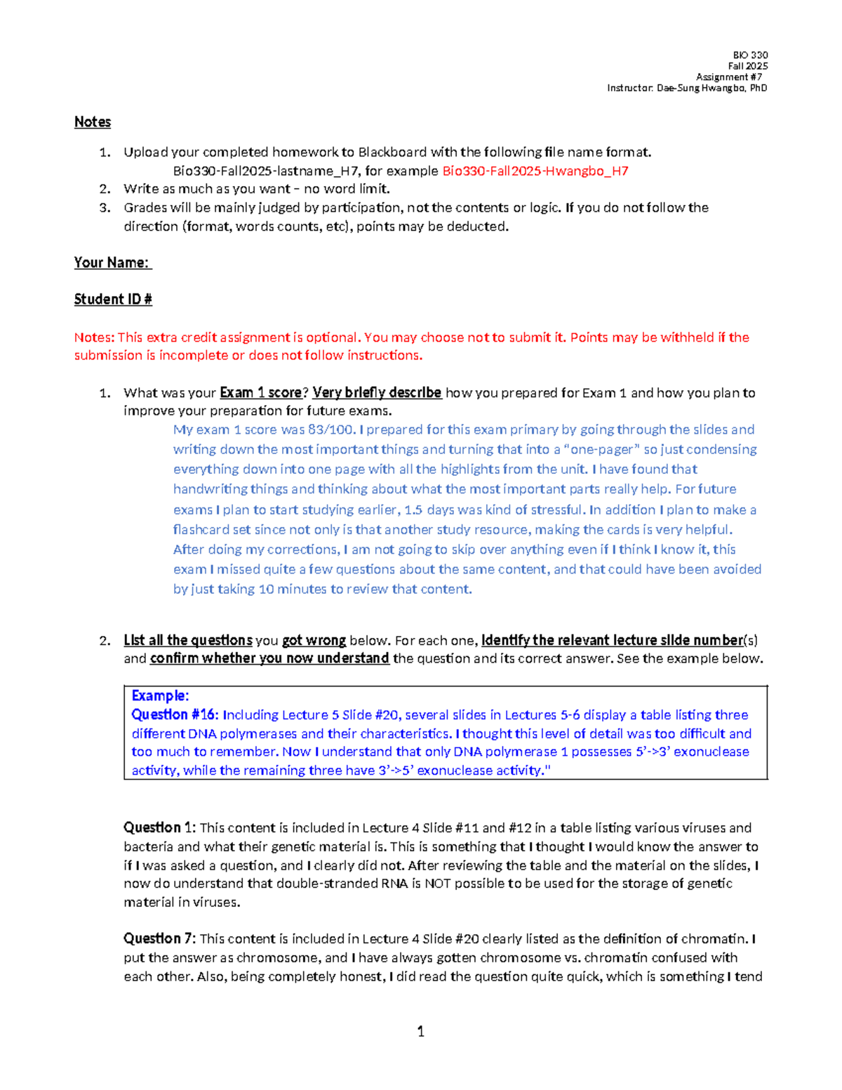 BIO 330 Fall 2025 Extra Credit Assignment Notes - Hwangbo, PhD - Studocu