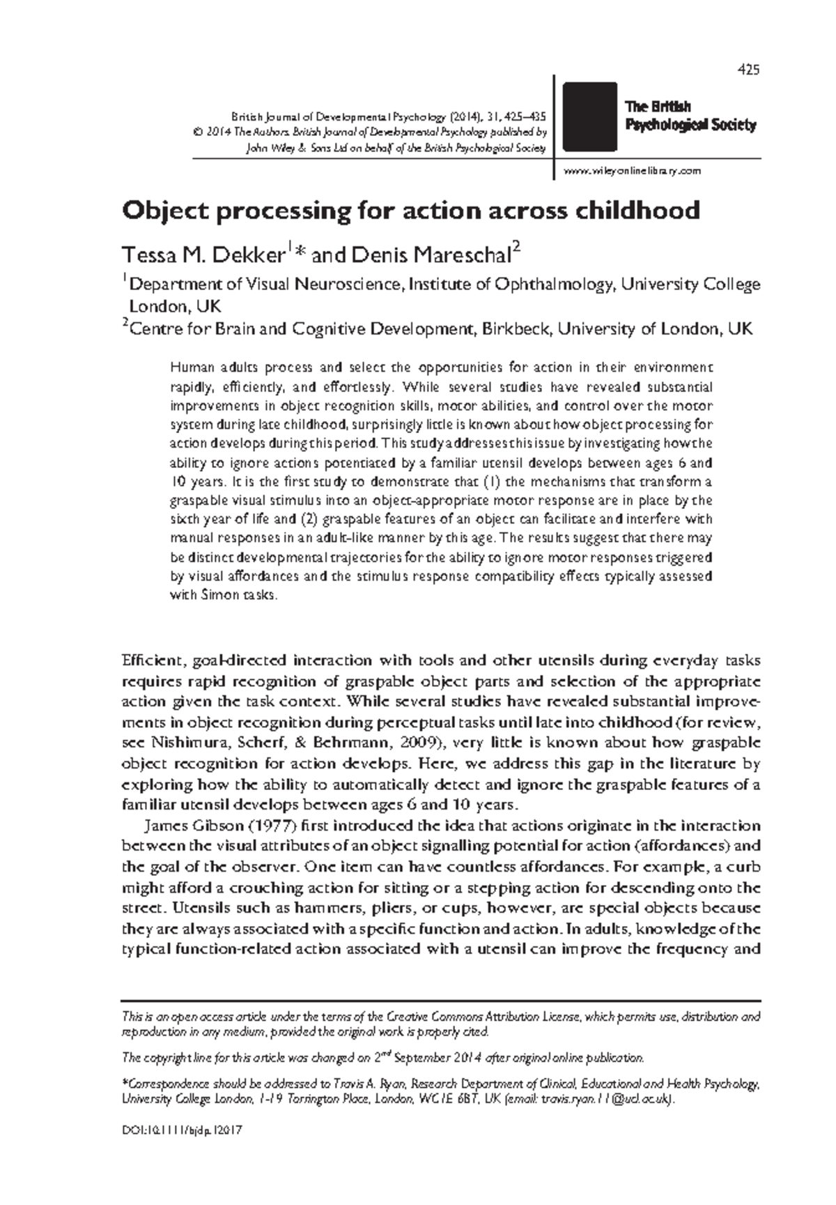 Object Processing for Action: Development from Ages 6 to 10 - Studocu