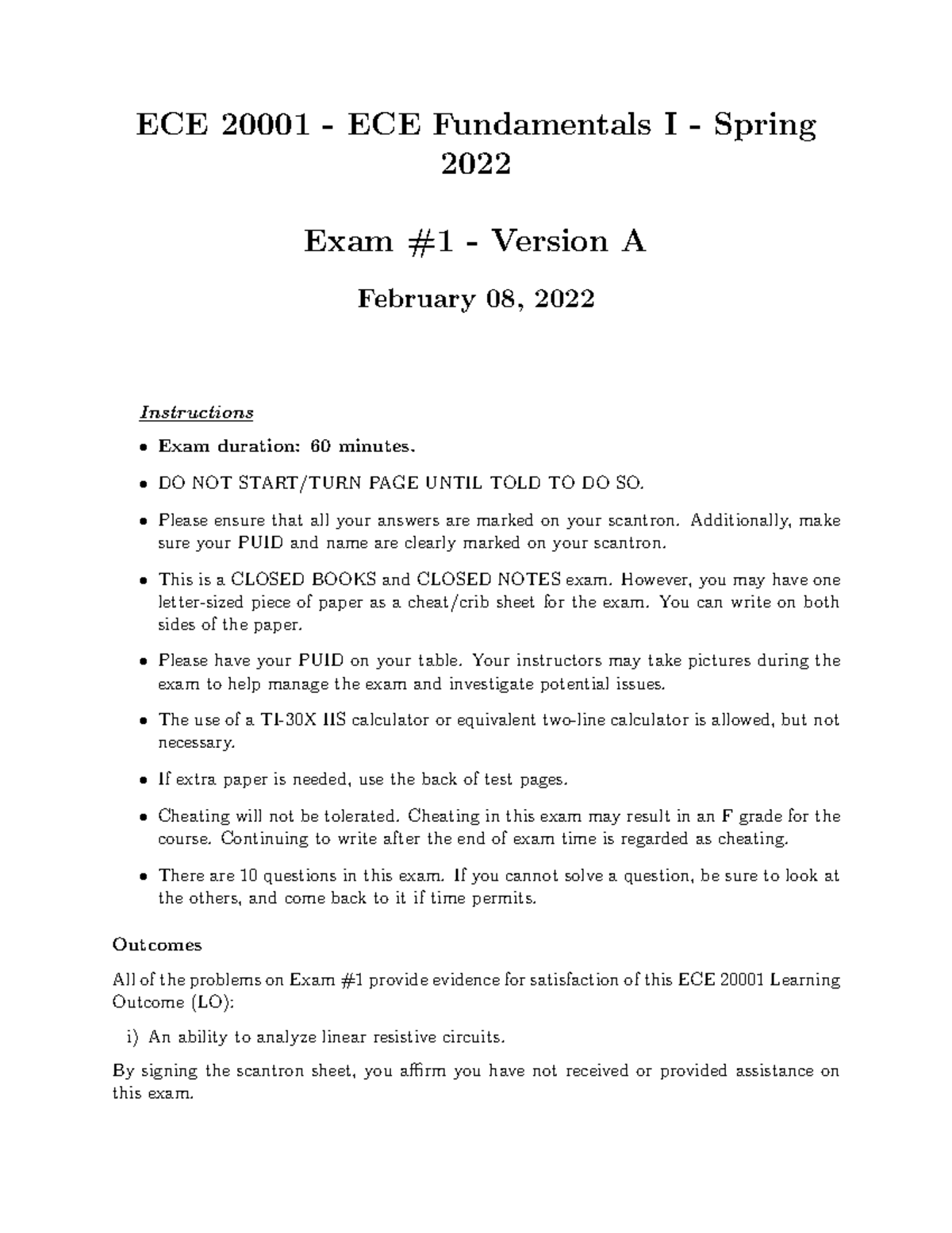 ECE 101 Fundamentals I Spring 2022 Exam 1 Version A - Studocu