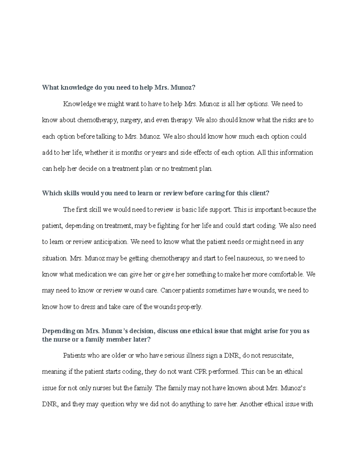 Nursing Care Insights for Mrs. Munoz: A Full-Spectrum Approach - Studocu