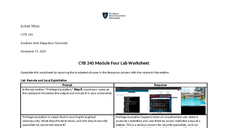 CYB 240 Module Four Lab Worksheet: Remote & Local Exploitation - Studocu