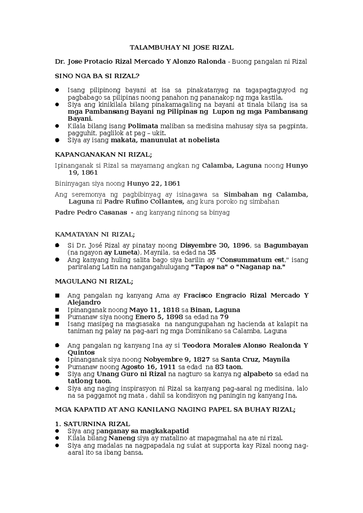 Talambuhay ni Jose Rizal: Isang Pagsusuri sa Kanyang Buhay at Mga Akda - Studocu