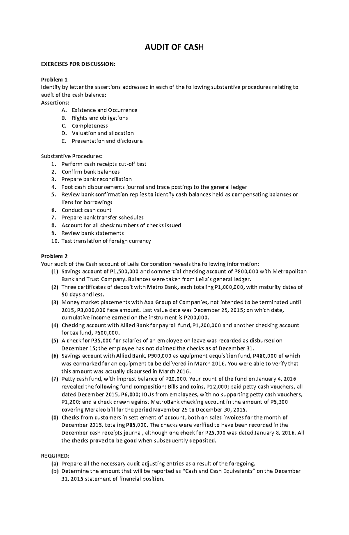 Cash Audit Exercises: Adjusting Entries & Bank Reconciliation Issues ...