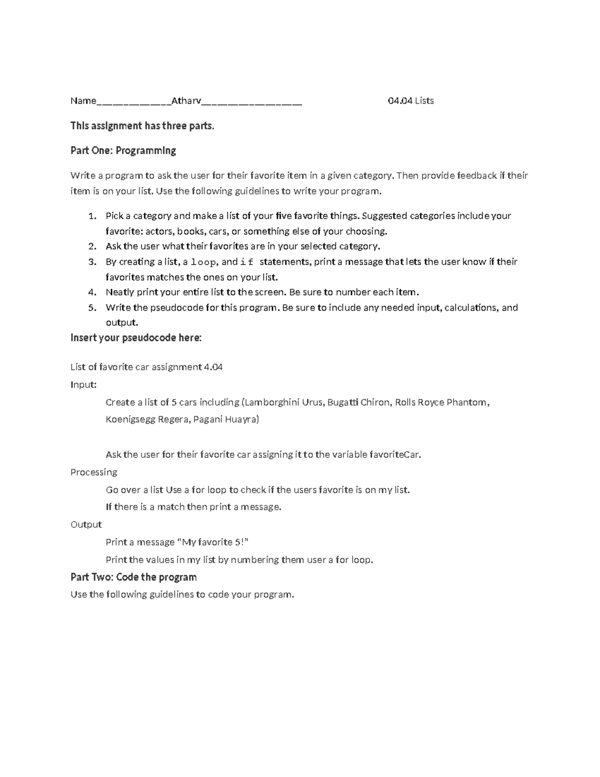 04.04 Lists: Programming Assignment and Code Instructions - Studocu