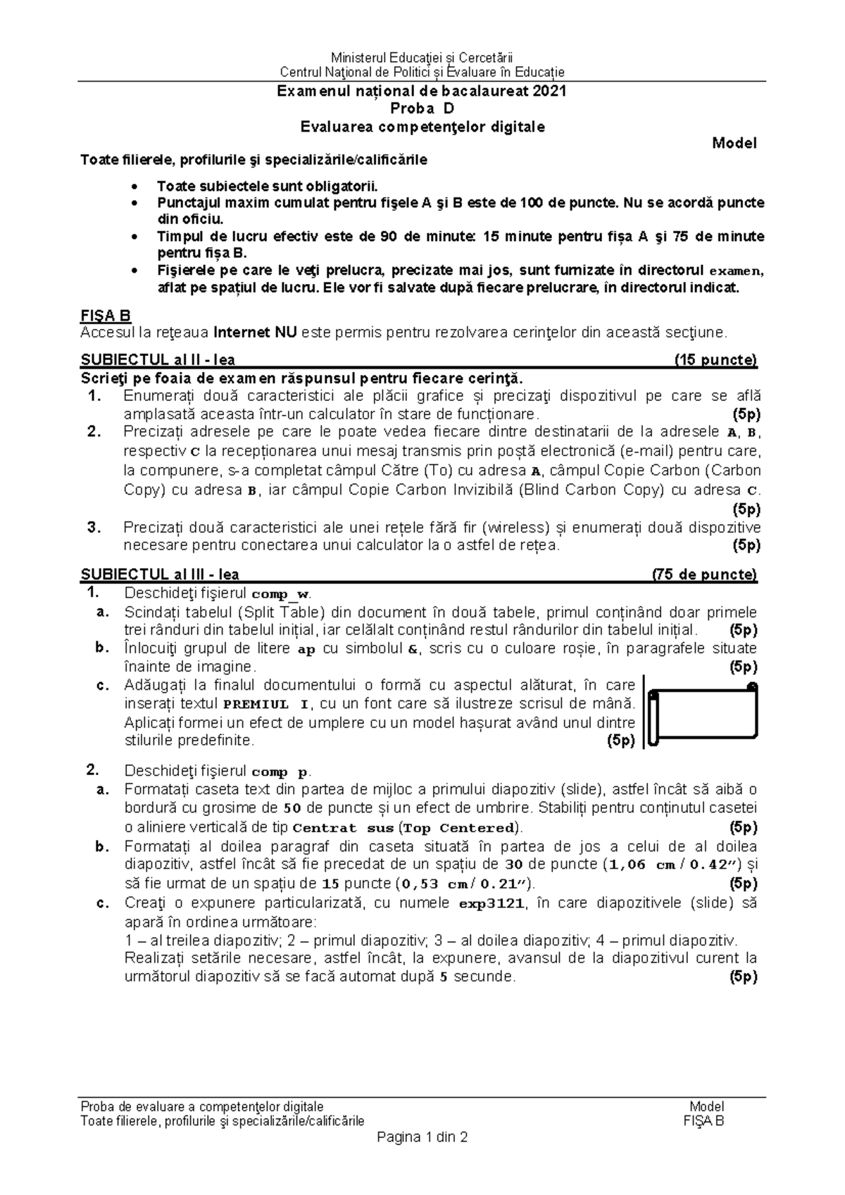 Proba D Evaluare Competențe Digitale Model Bac 2021 FI%A B - Studocu