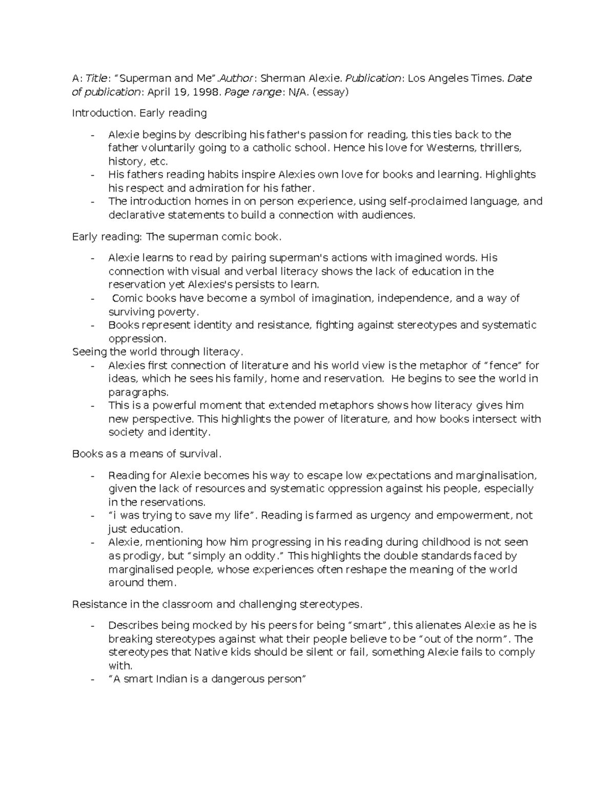 ENG121 Assignment 1: Sherman Alexie's "Joy of Reading and Writing ...