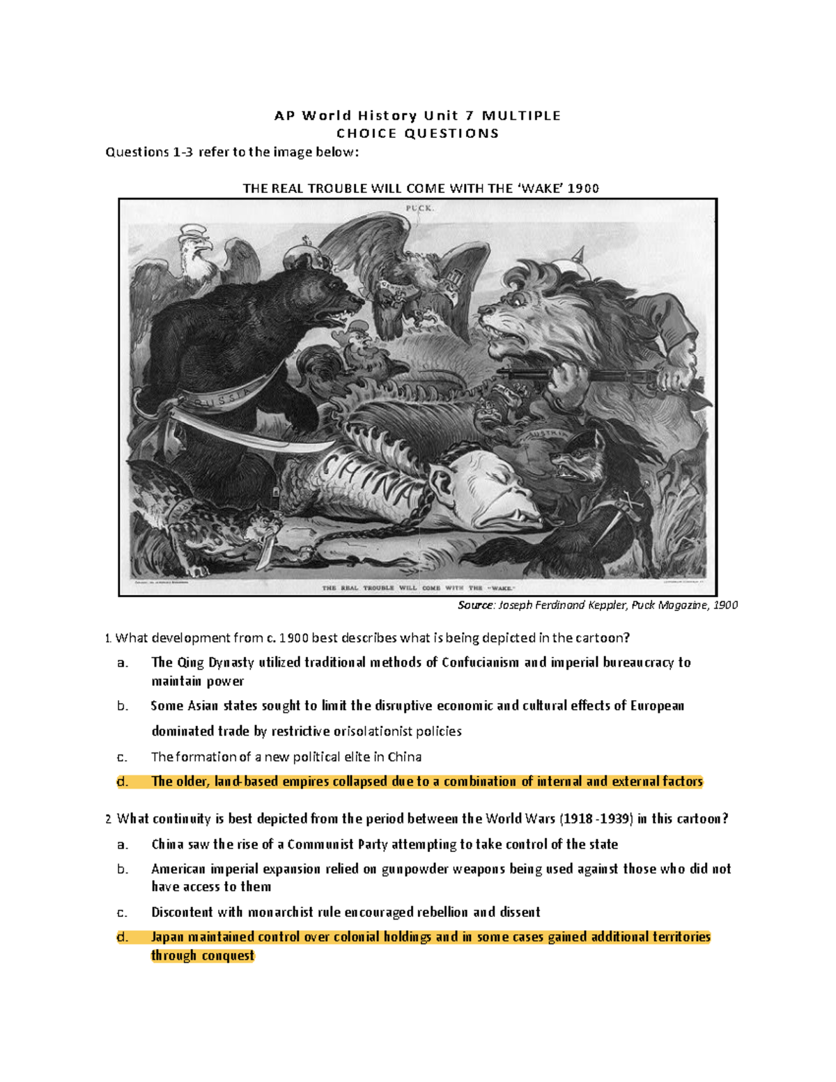 Unit 7 AP World History Practice MCQ Questions and Answers - Studocu
