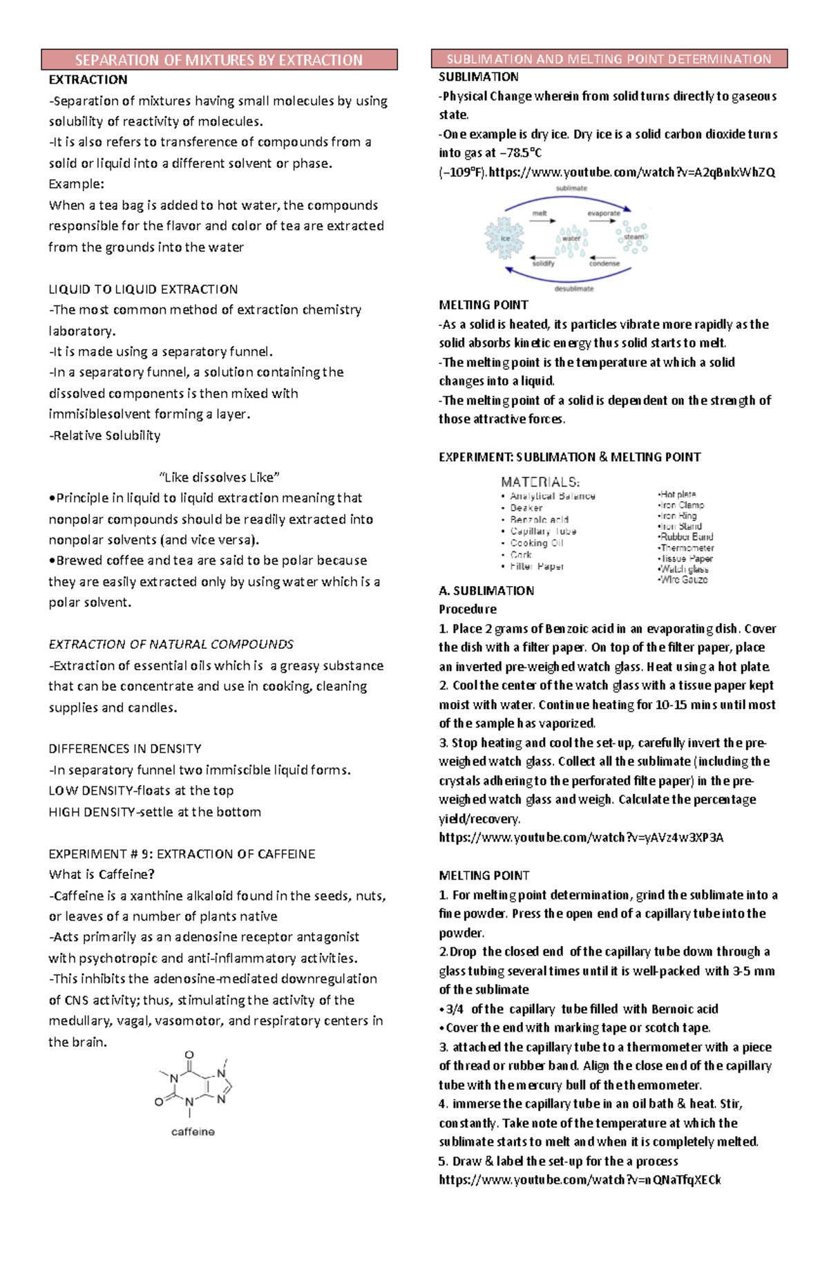 CHEM reviewer extraction, sublimation & melting point - SEPARATION OF ...