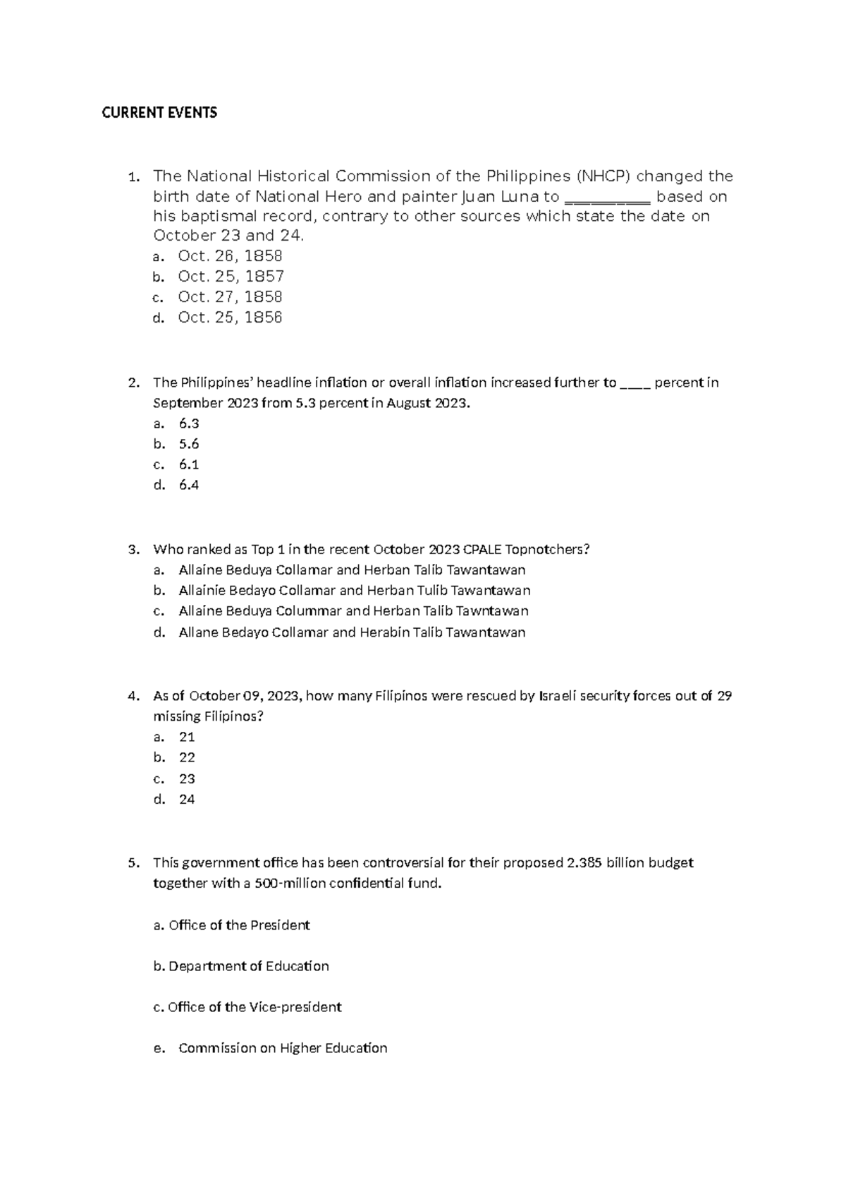 Current Events Review - Quiz Questions & Answers (Oct 2023) - Studocu