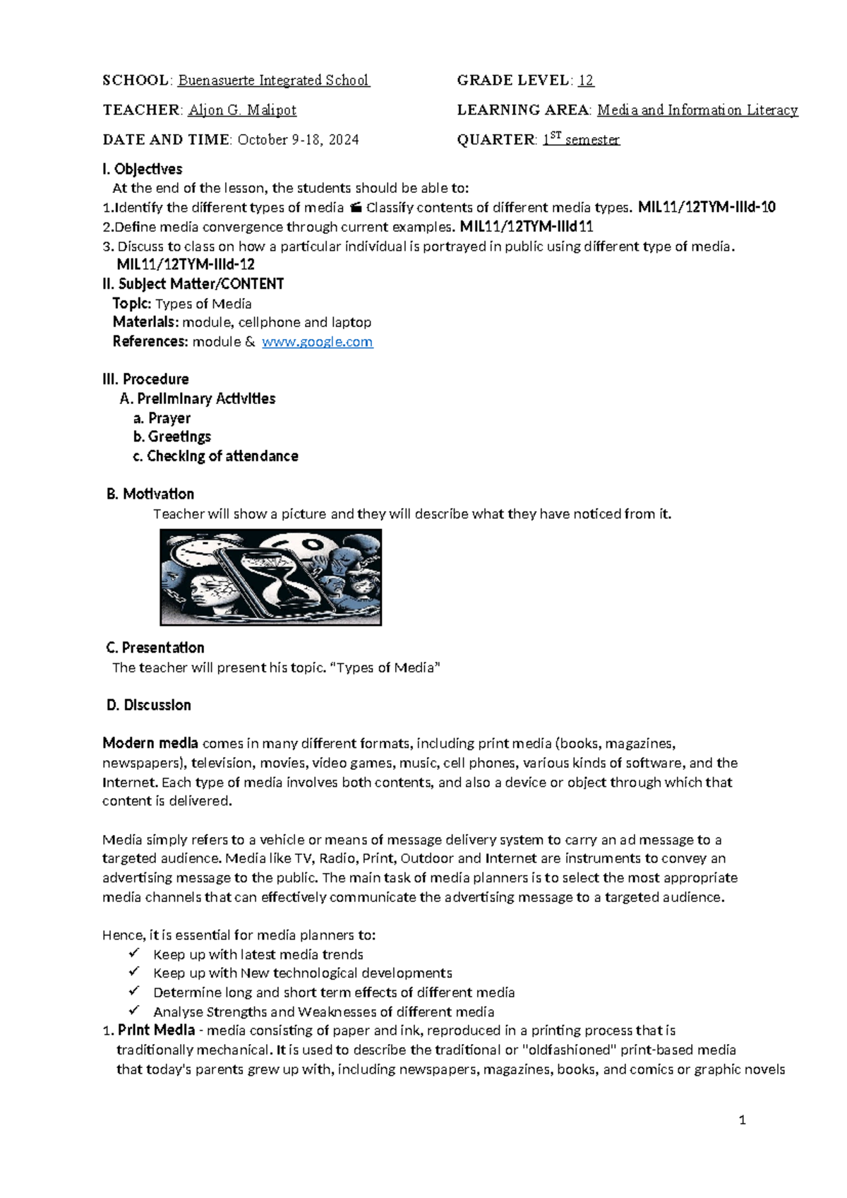 LP 5 - Lesson Plan on Media Types and Convergence for MIL 12 - Studocu