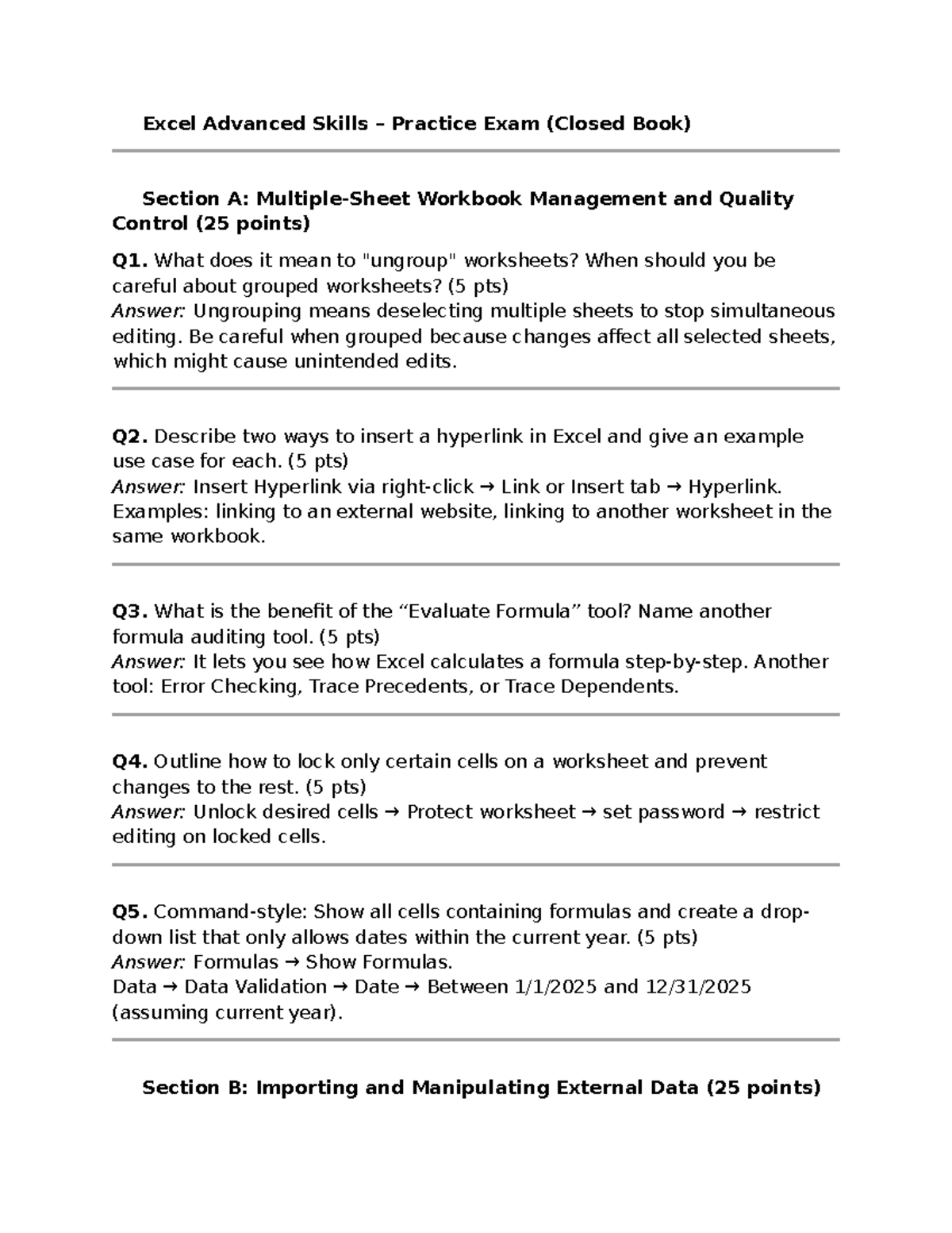 Excel Advanced Skills Practice Exam (Closed Book): Key Concepts & Qs - Studocu