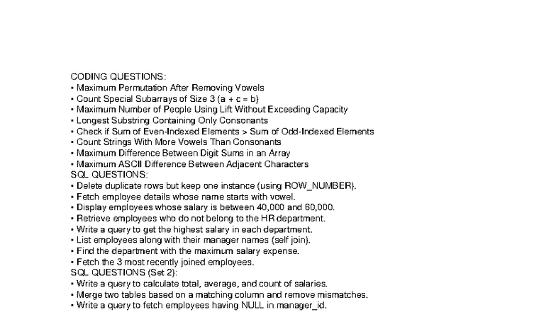 CODING QUESTIONS: SQL Queries and Coding Challenges Overview - Studocu
