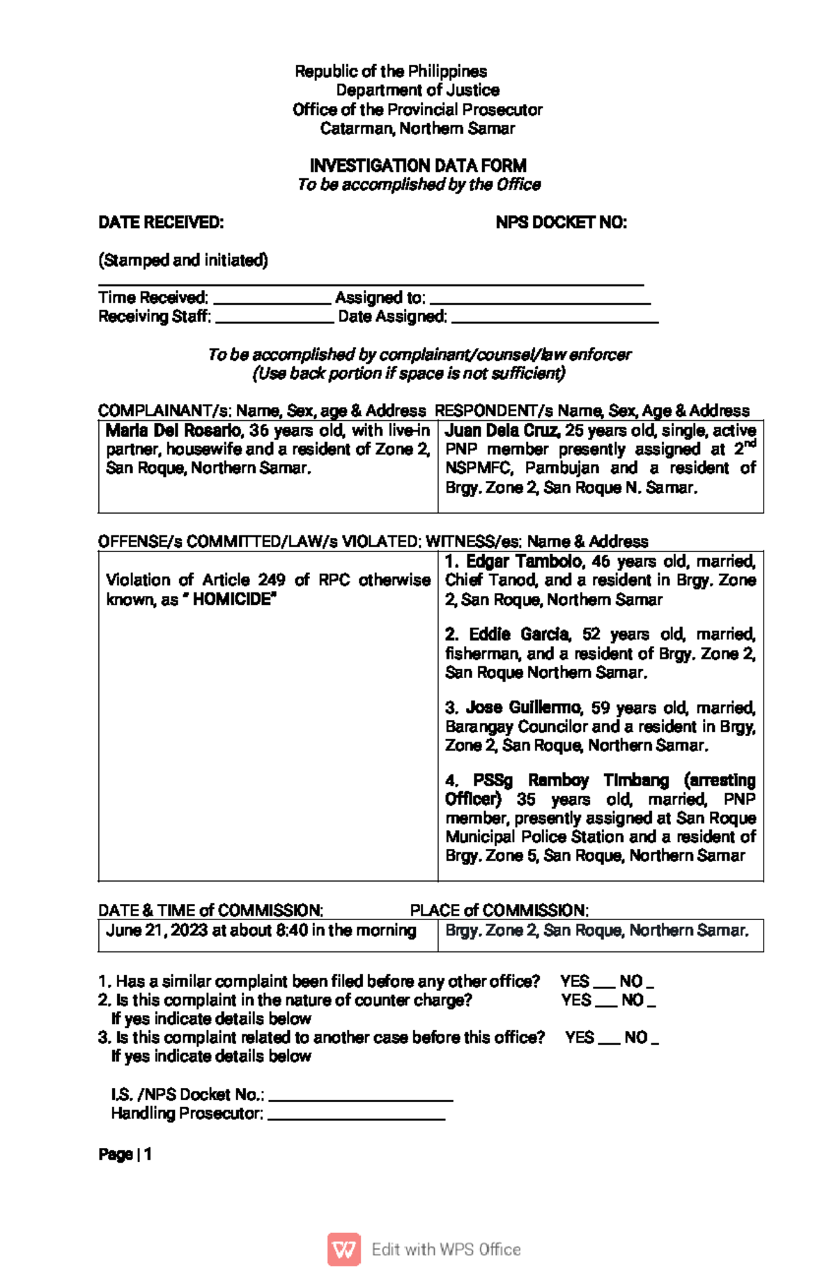 Investigation data form for homicide case in Brgy. Zone 2, San Roque, N ...