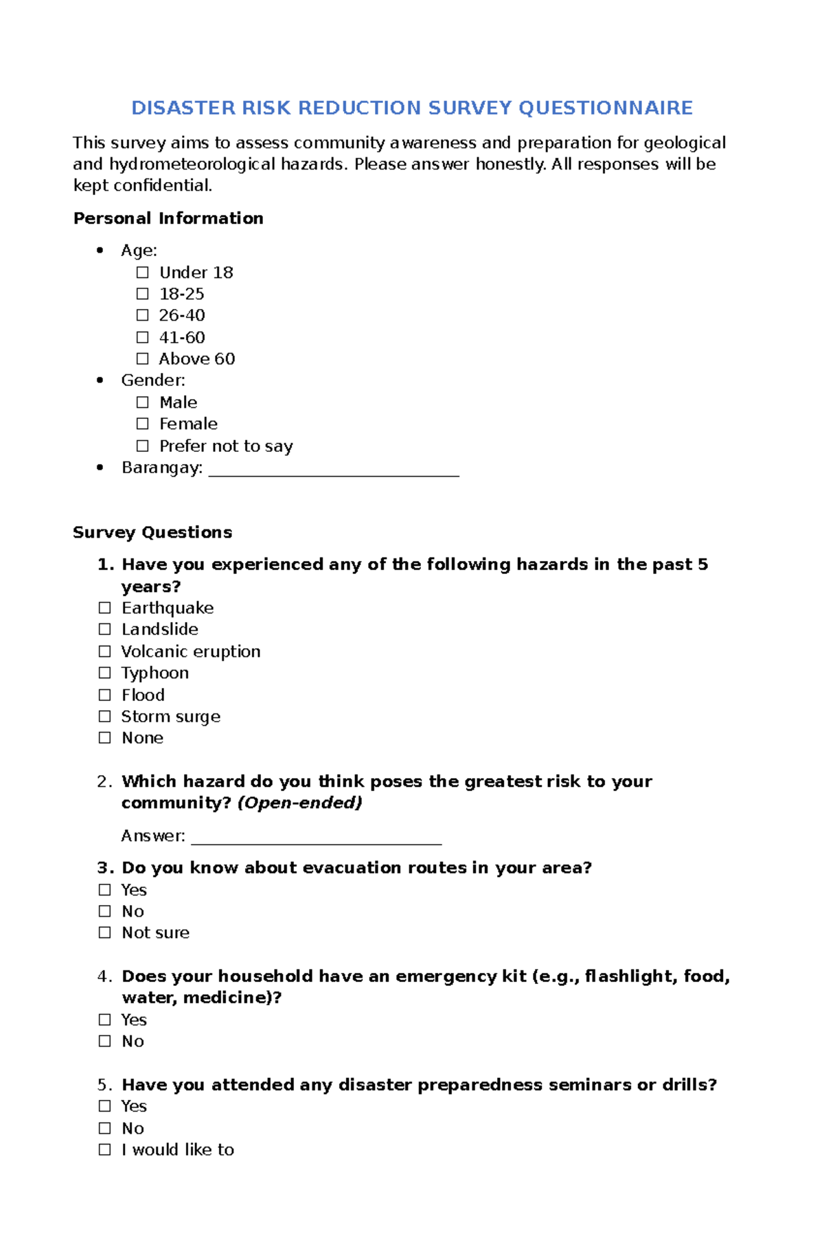 Disaster Risk Reduction Survey Questionnaire: Community Preparedness ...