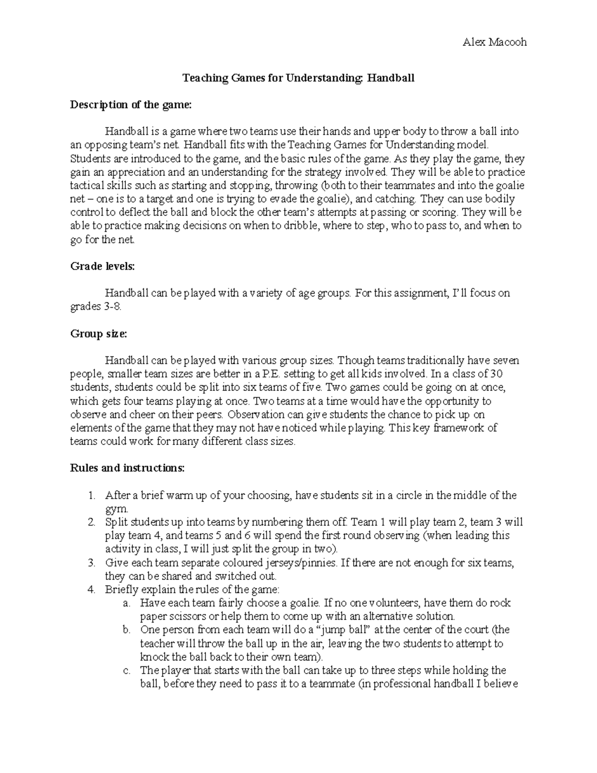 Handball Teaching Games for Understanding: PE Notes (20) - Studocu