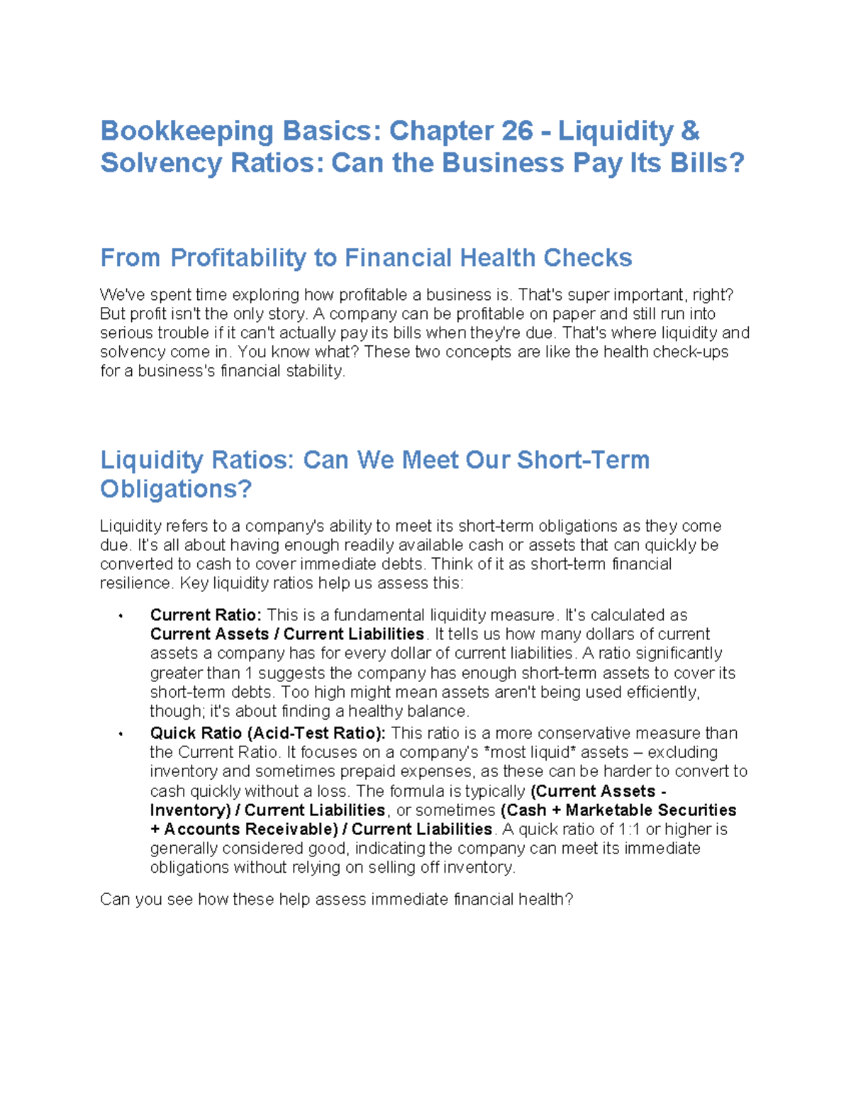 Bookkeeping Basics (25): Chapter 26 - Liquidity & Solvency Ratios Explained - Studocu